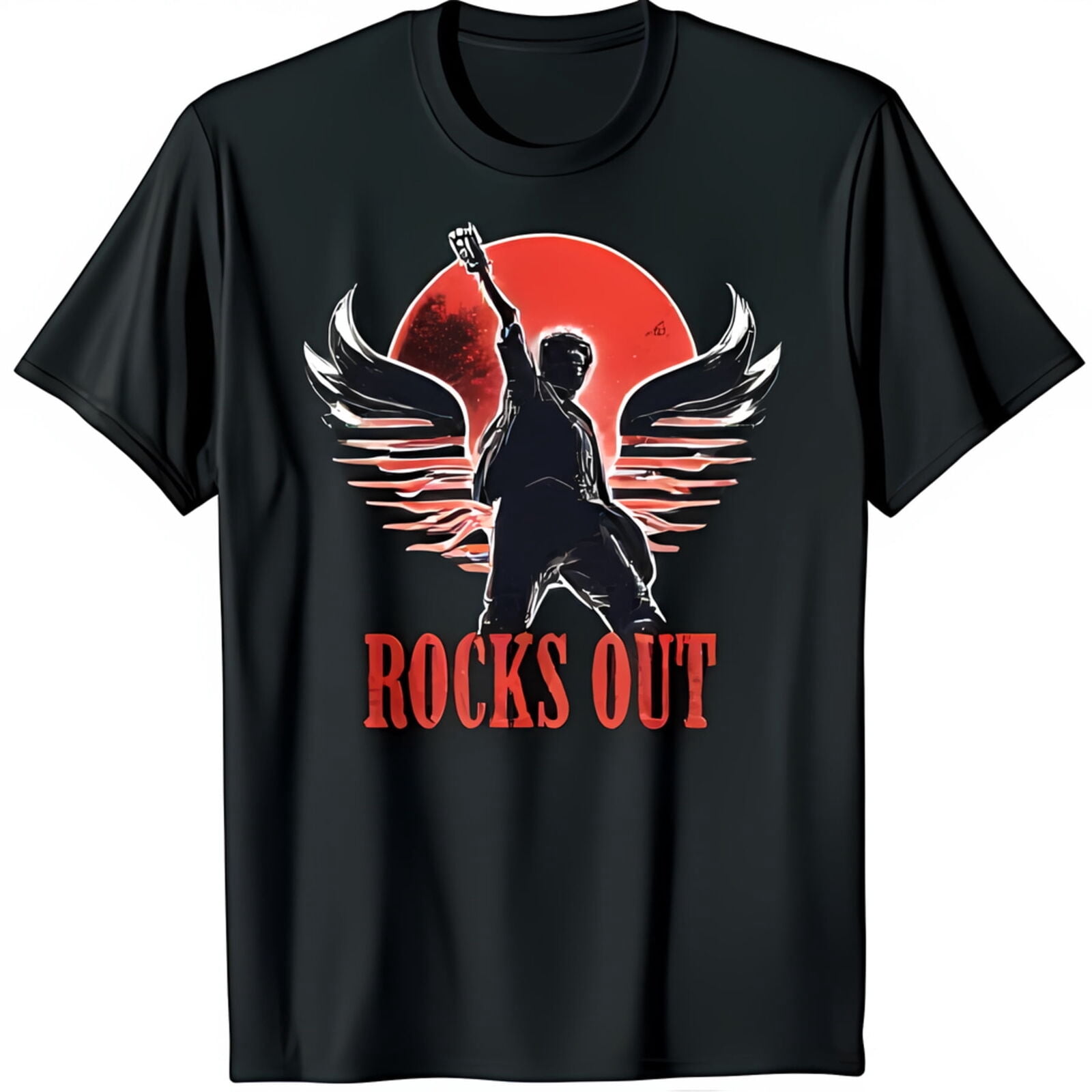 Black T-Shirt with Red Sun & Wings Rocks Out Graphic - Walmart.com