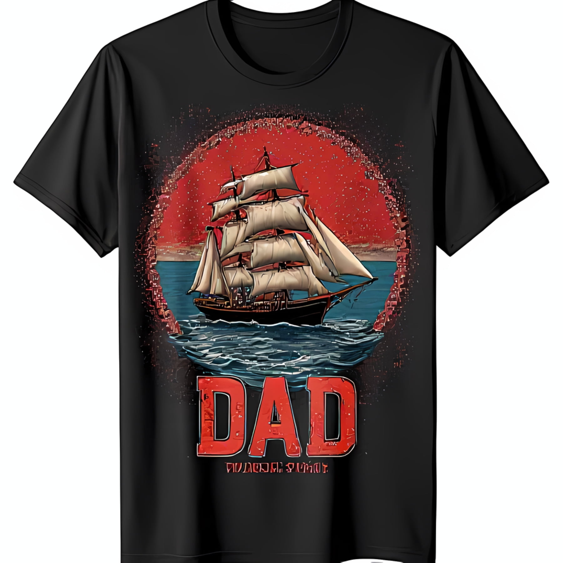 Black T-Shirt with Red Sunset Sailing Ship Design & DAD Inscription ...