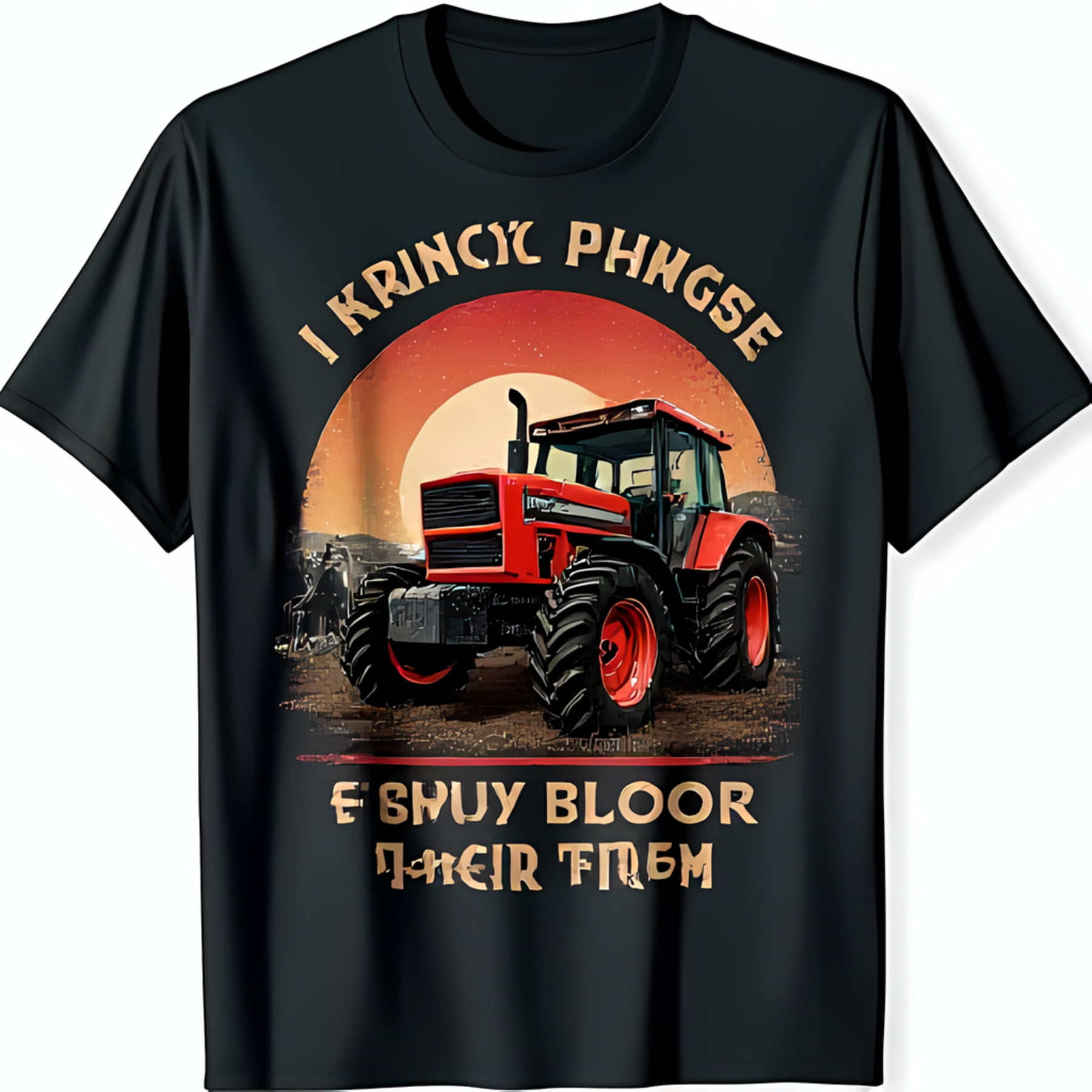 Black T-Shirt with Red Tractor Design Sunset Backdrop & Gold Text ...