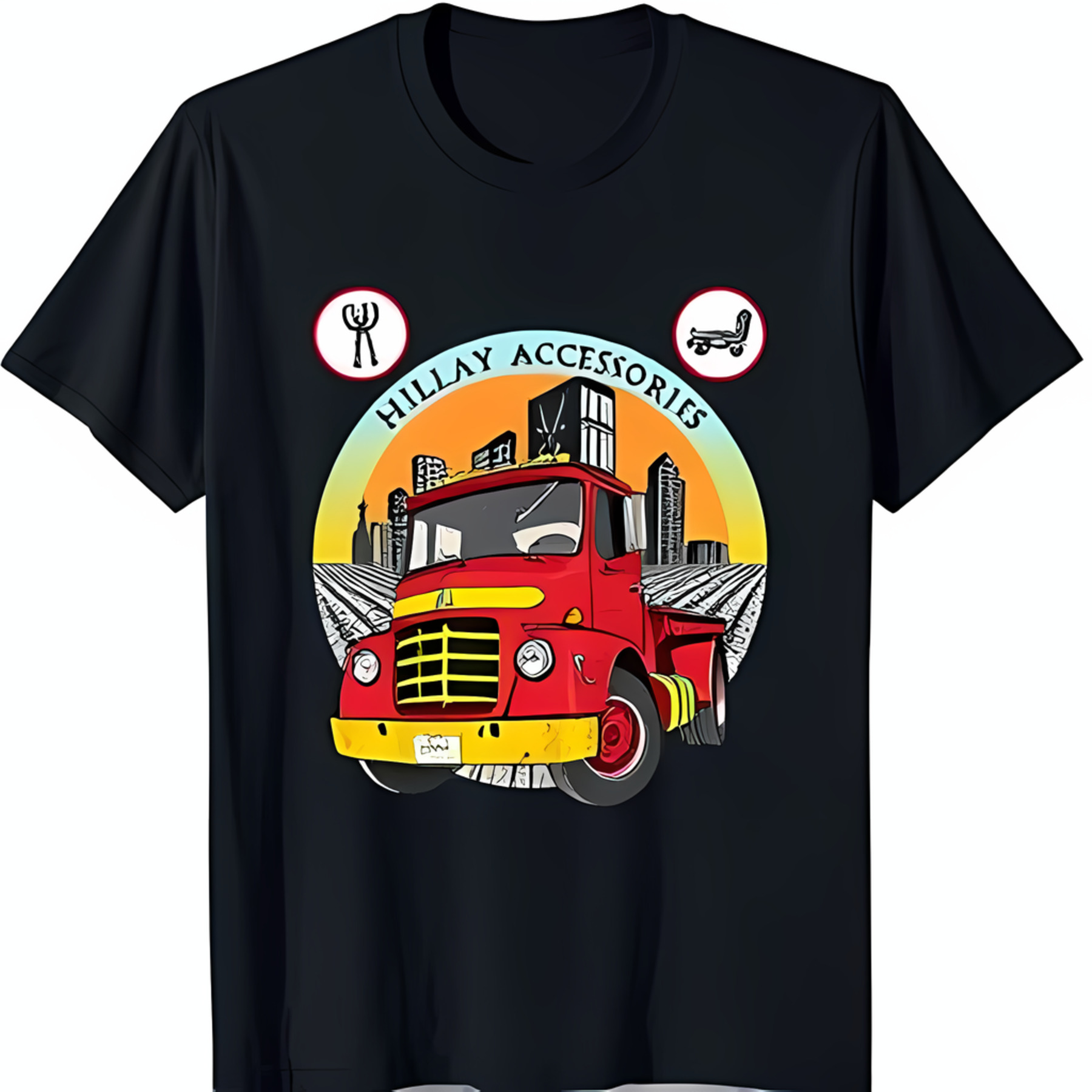 Black T-Shirt with Red Truck Driving Through City Hillaby Design ...