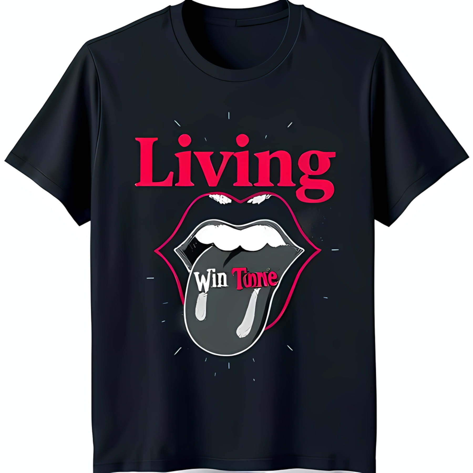 Black T-Shirt with Red & White Inspired Tongue & Lips Design 'Living ...