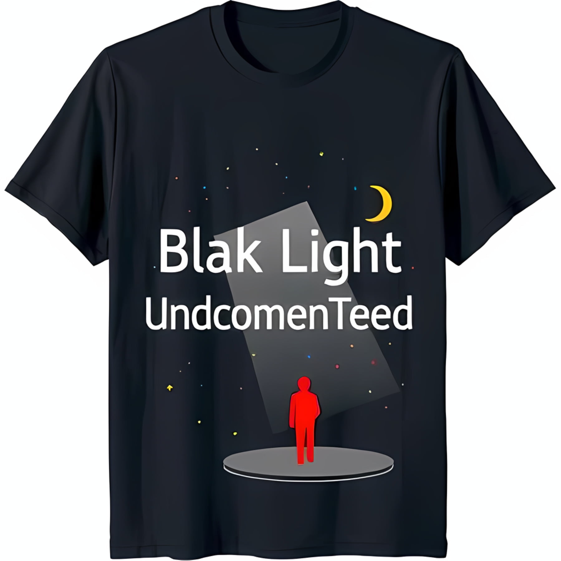 Black T-Shirt with Red White Rectangle Moon & Colorful Dots 'Blak Light UndcomenTeed' Design ...