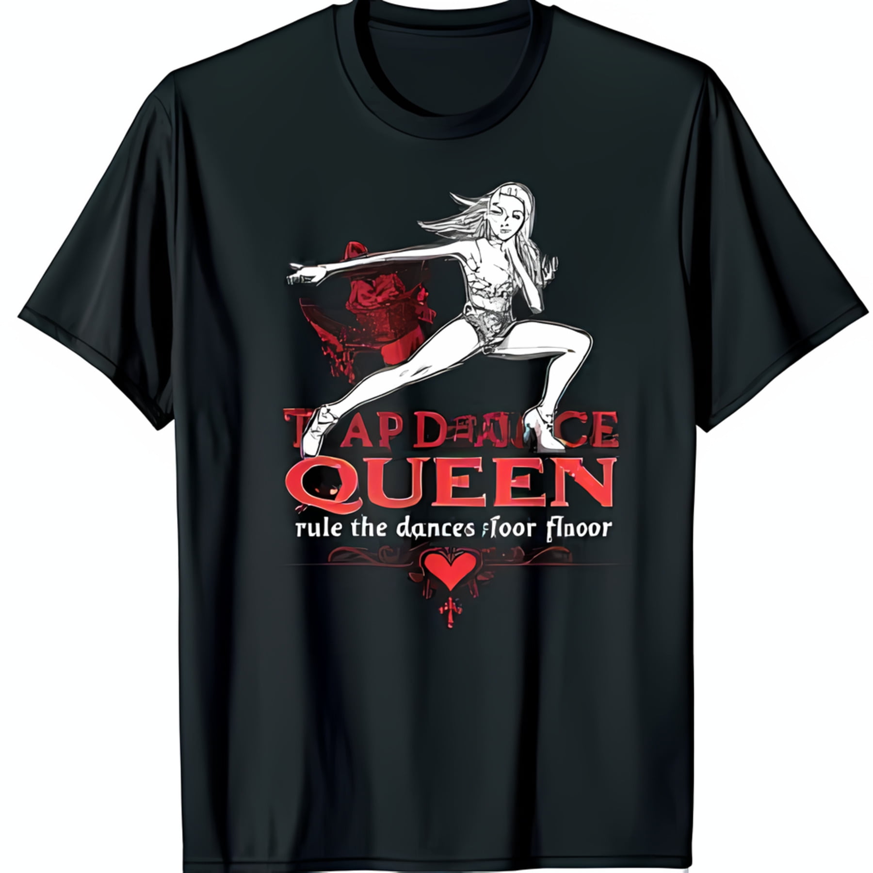 Black T-Shirt with Red & White Tap Dancing Woman Graphic 'Tap Dance Queen Rules the Dance Floor ...