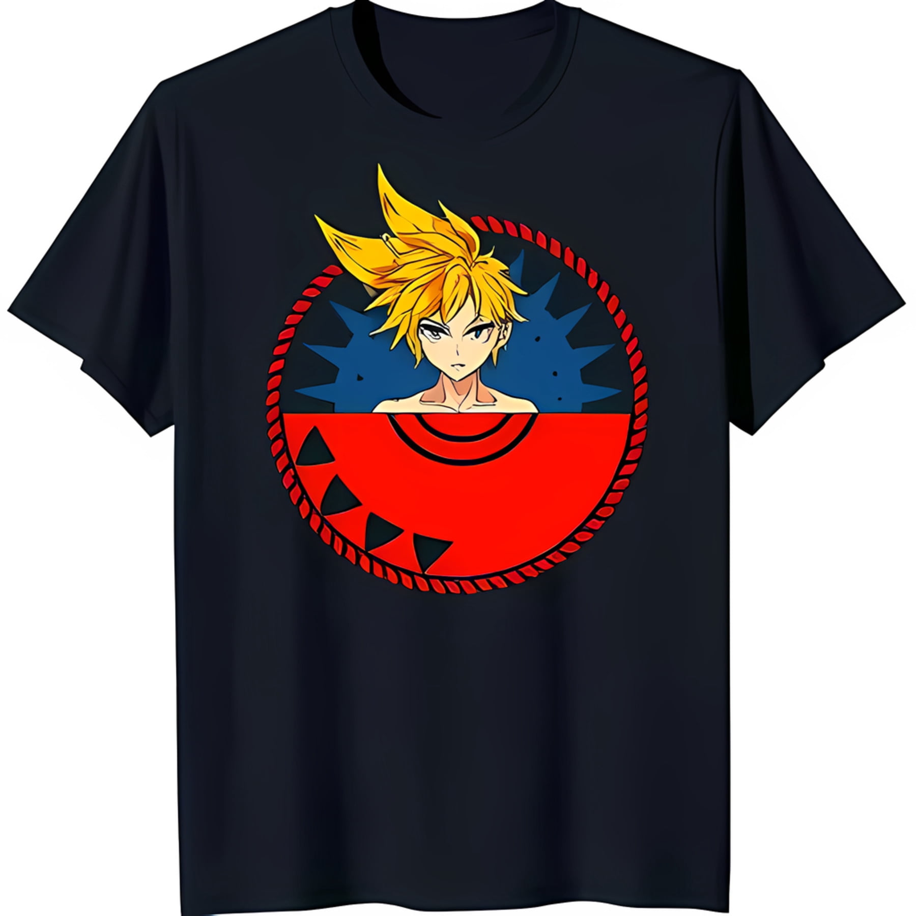 Black T-Shirt with Red and Blue Circular Design Featuring Blond Anime ...