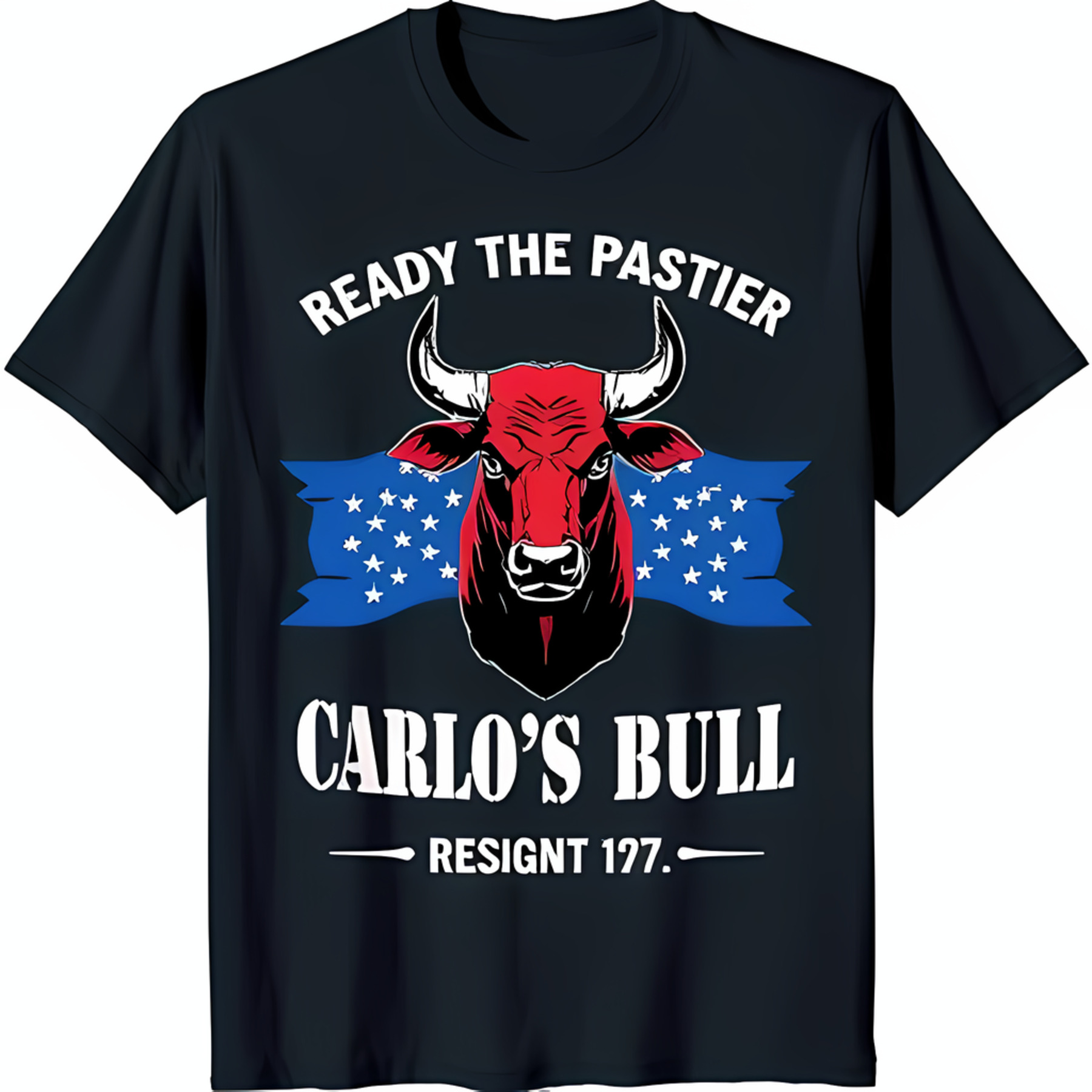 Black T-Shirt with Red and Blue Design Stars Ribbon 'Ready the Pastier ...