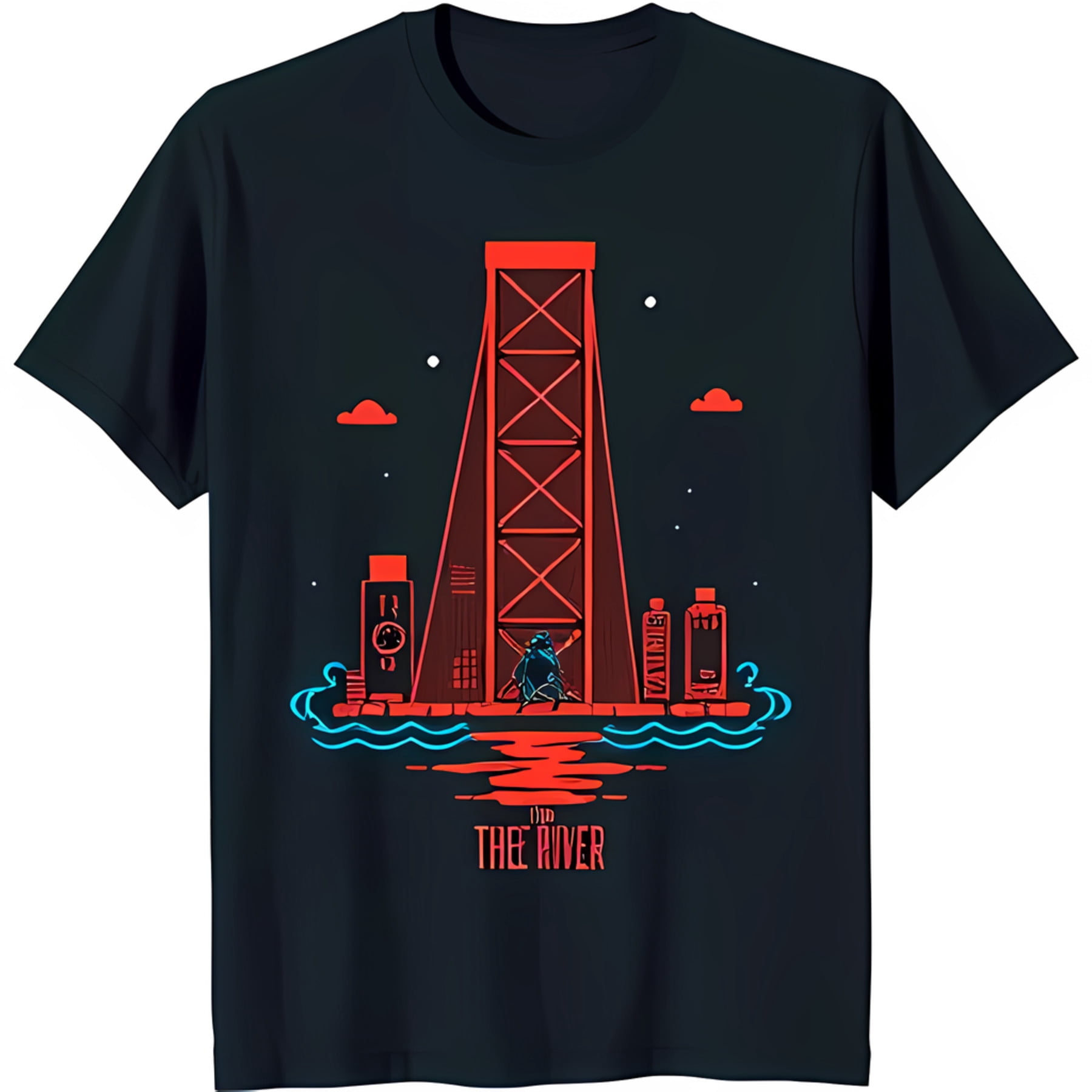 Black T-Shirt with Red and White Bridge Illustration 'THE RIVER' Design ...