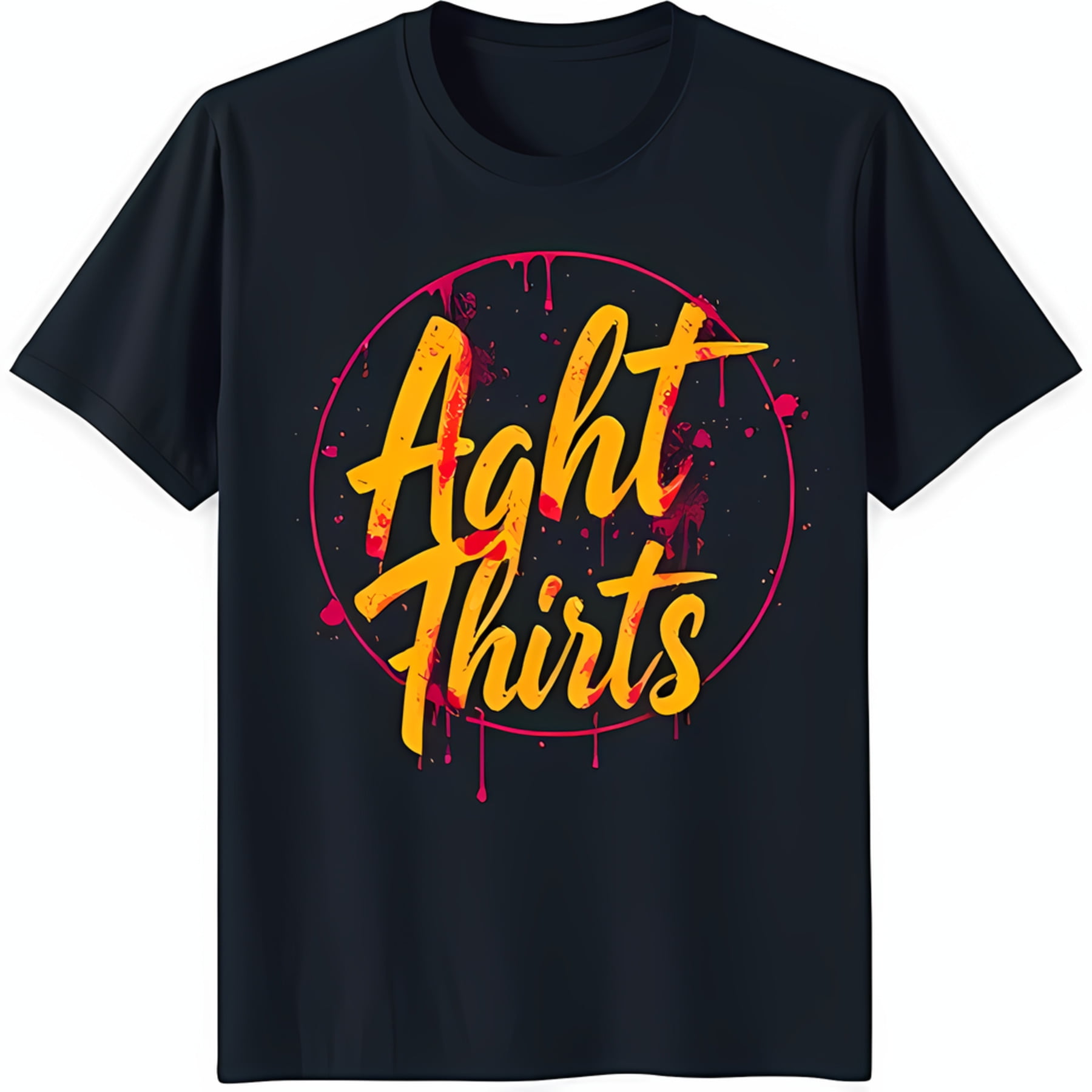 Black T-Shirt with Red and Yellow Circular Design 'Aght Thirts' Text ...