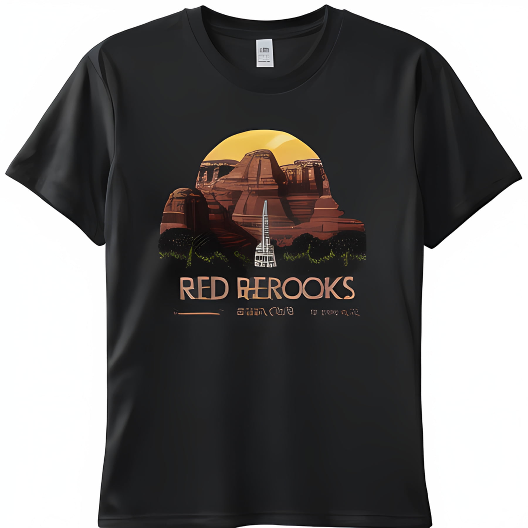 Black T-Shirt with Redrock City & Red Rocks Illustration Vintage Sunset ...