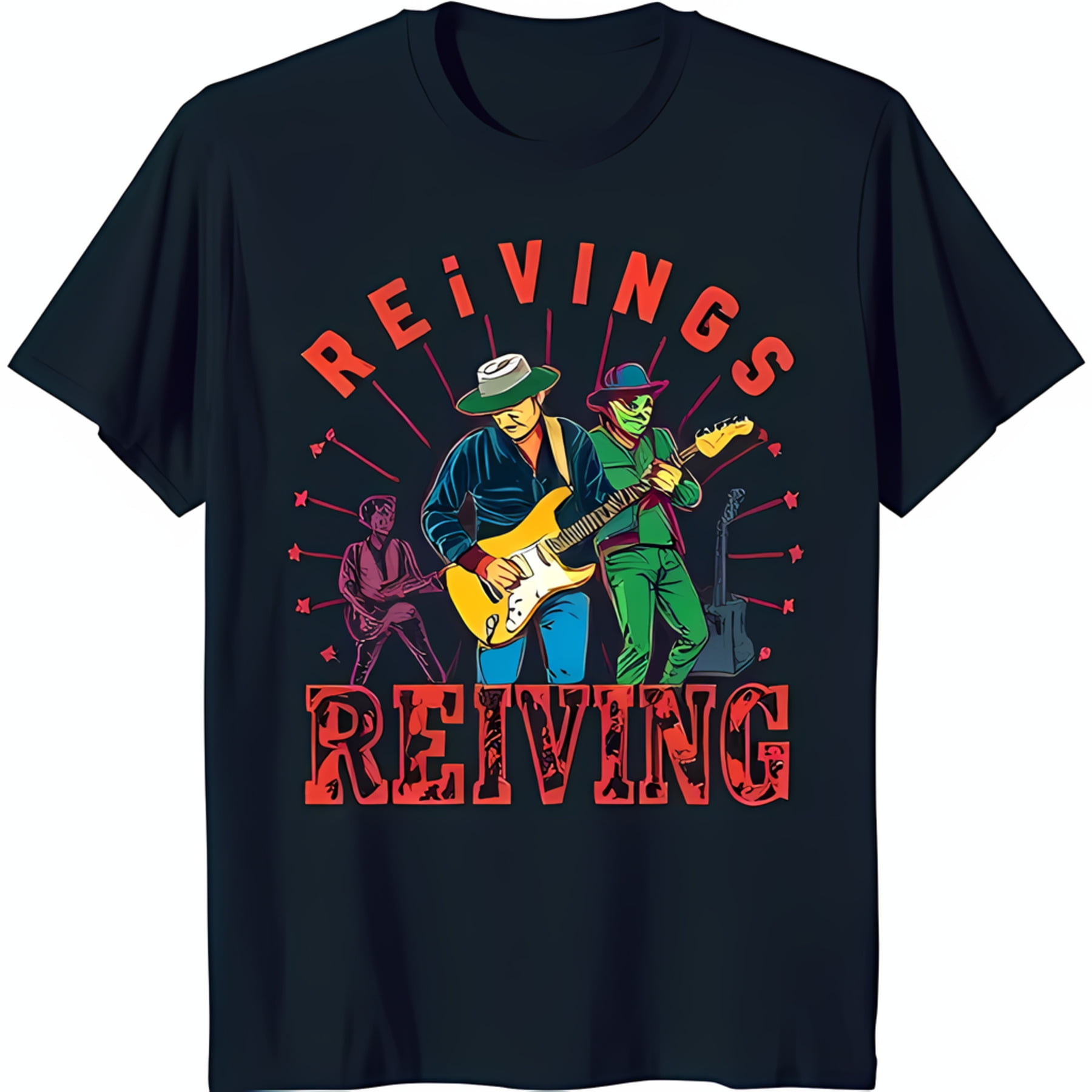Black T-Shirt with 'Reivings Reviving' Graphic Cartoon Guitarists ...