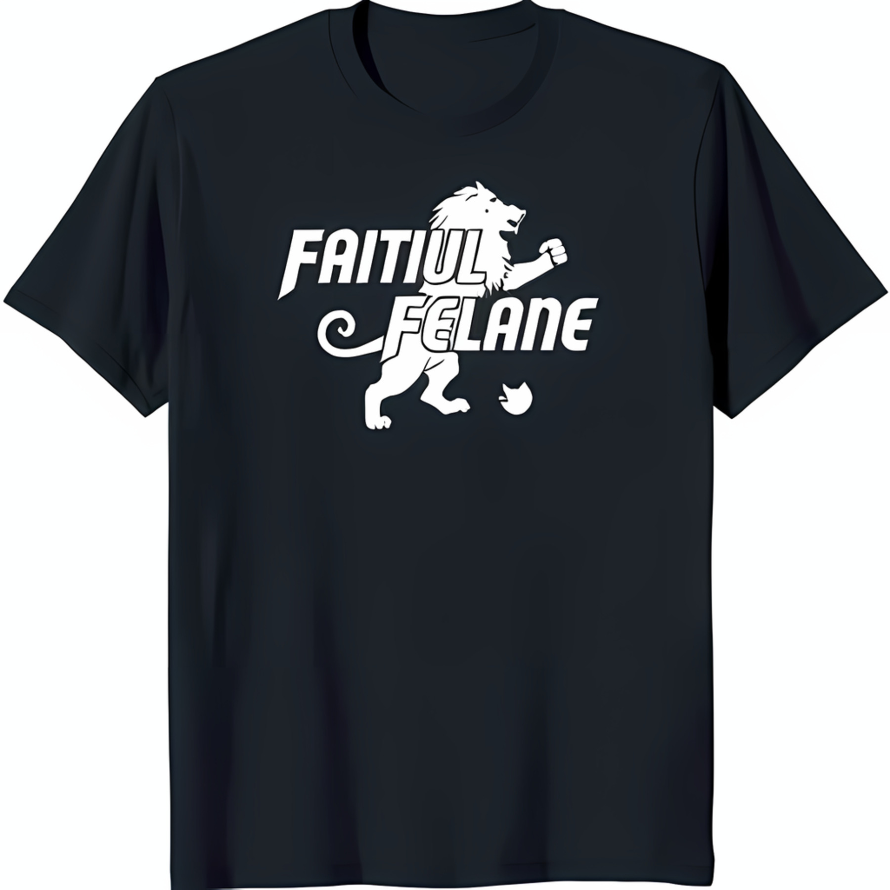Black T-Shirt with Roaring White Lion Design 'FAITIVL' & 'FELANE ...