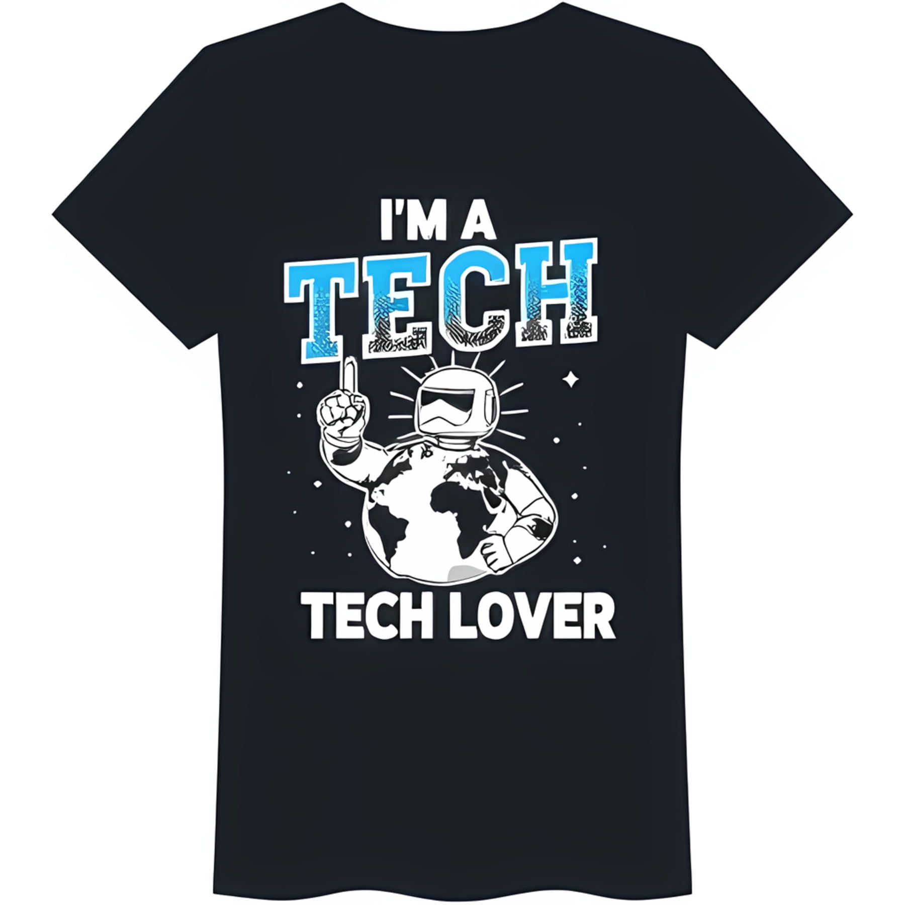 Black T-Shirt with Robot in Space Graphic & 'I'm a Tech Tech Lover ...