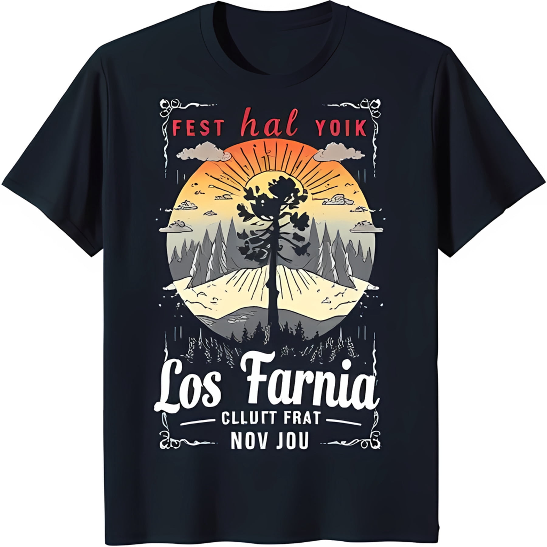 Black T-Shirt with Rustic Tree and Sunset Graphic 'Fest yoik' Design ...