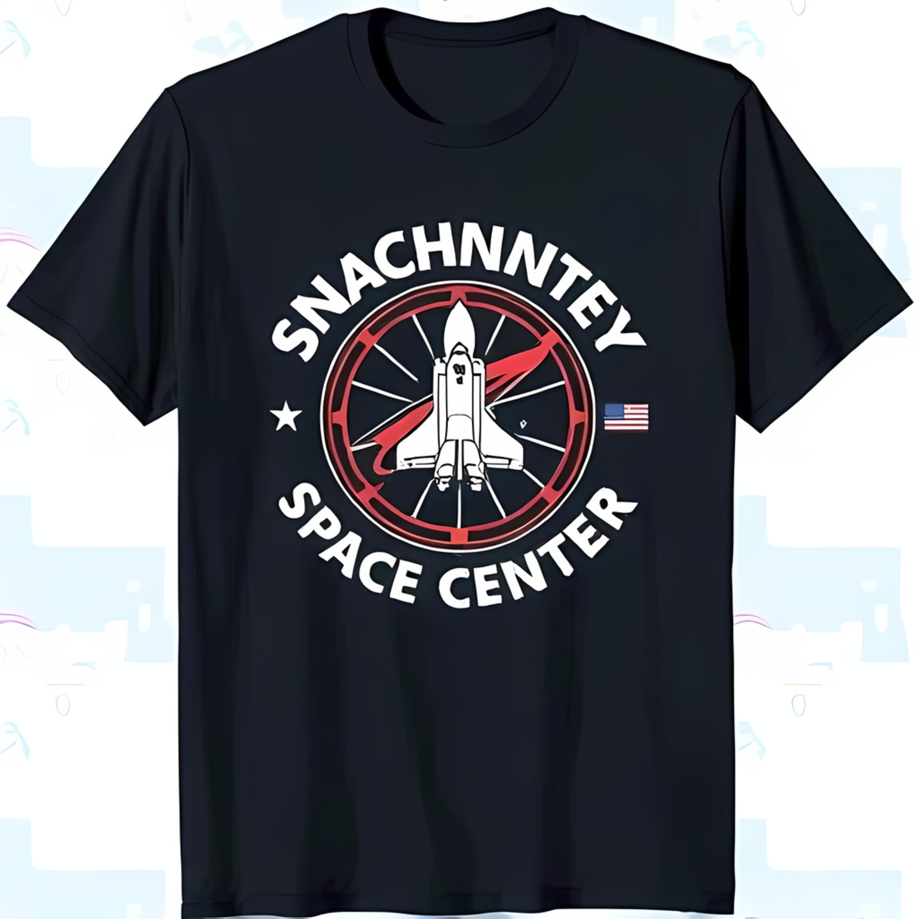 Black T-Shirt with SNACHNTEY SPACE CENTER Graphic Space Shuttle Design ...