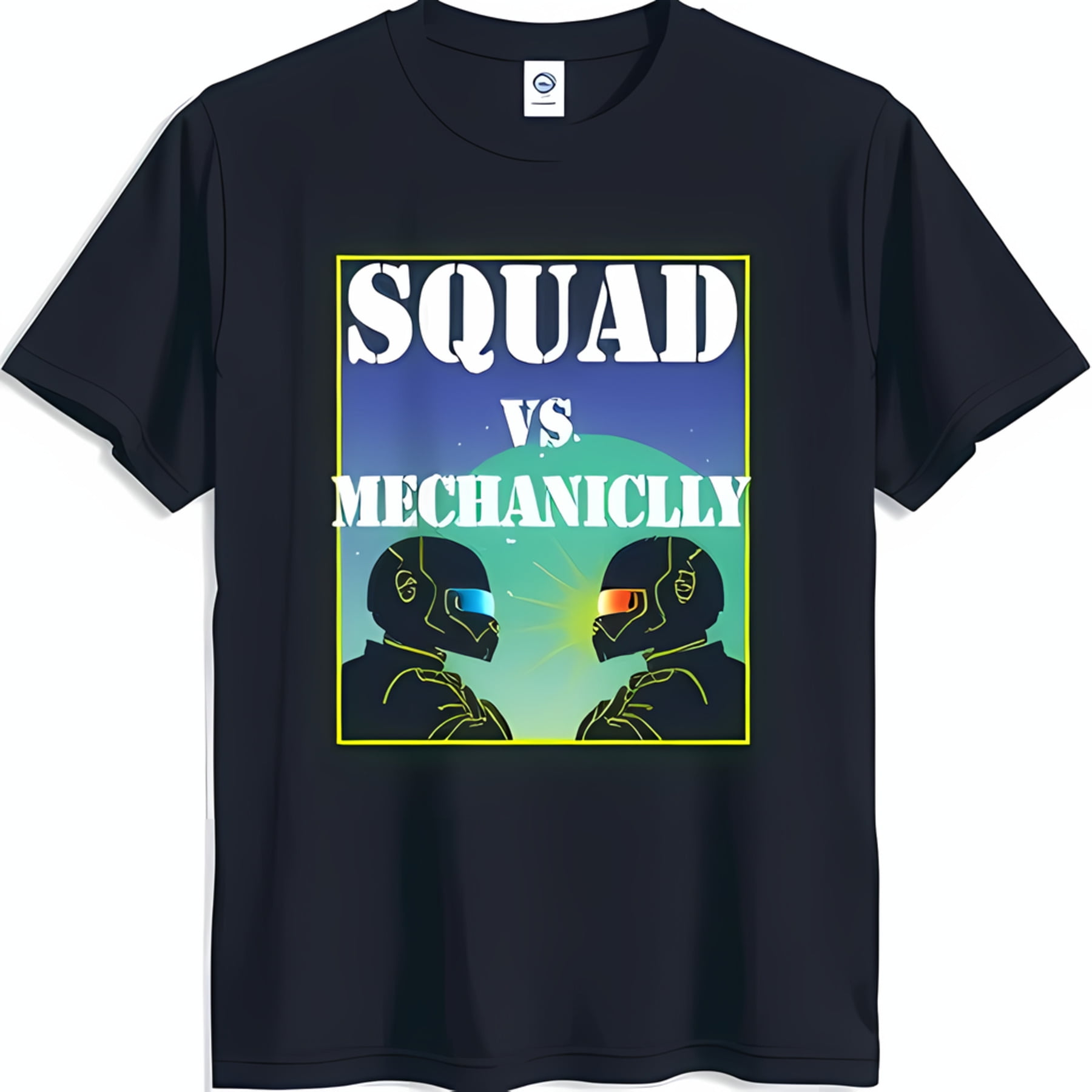 Black T-Shirt with SQUAD VS MECHANICLY Graphic Helmeted Duel Design ...
