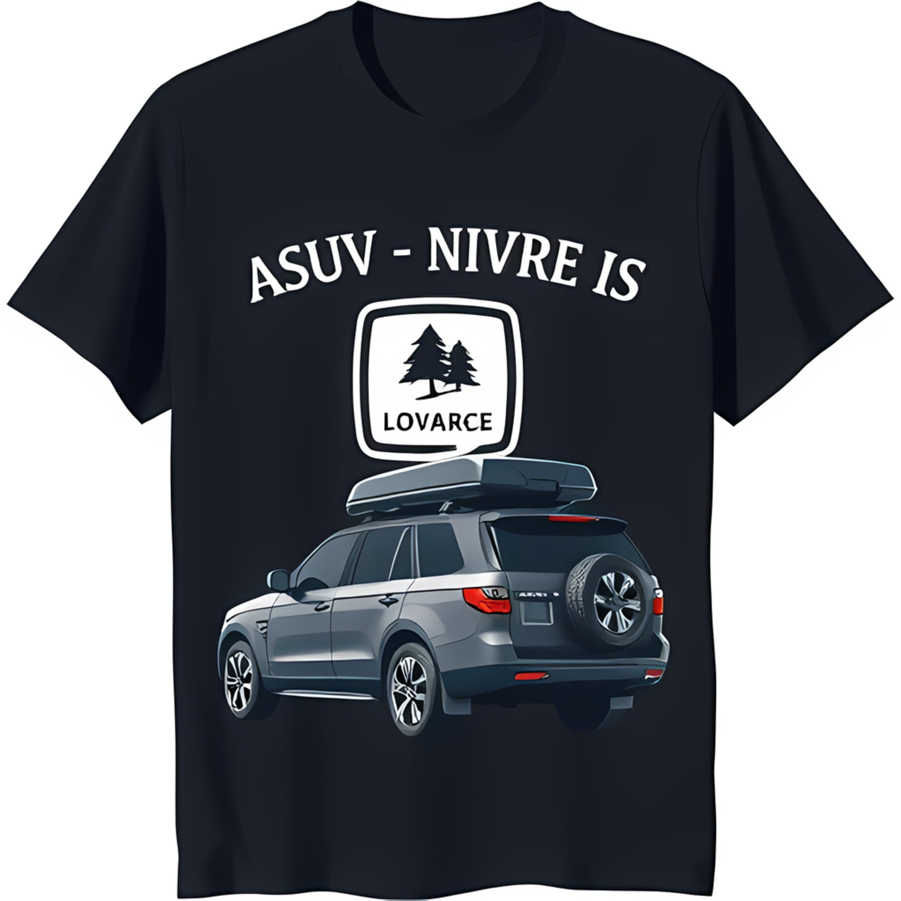 Black T-Shirt with SUV Rooftop Tent Graphic & 'ASUV NIVRE IS' Design ...
