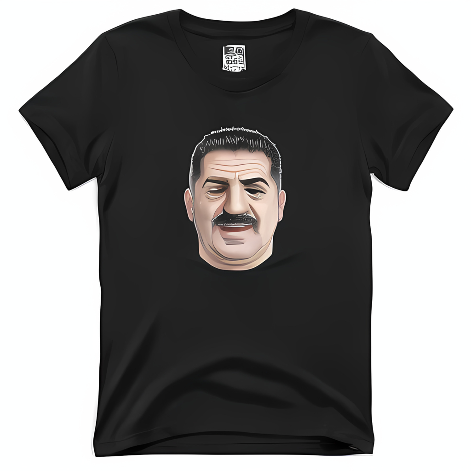 Black T-Shirt with Saddam Cream Cartoon Face Design Front View Short ...