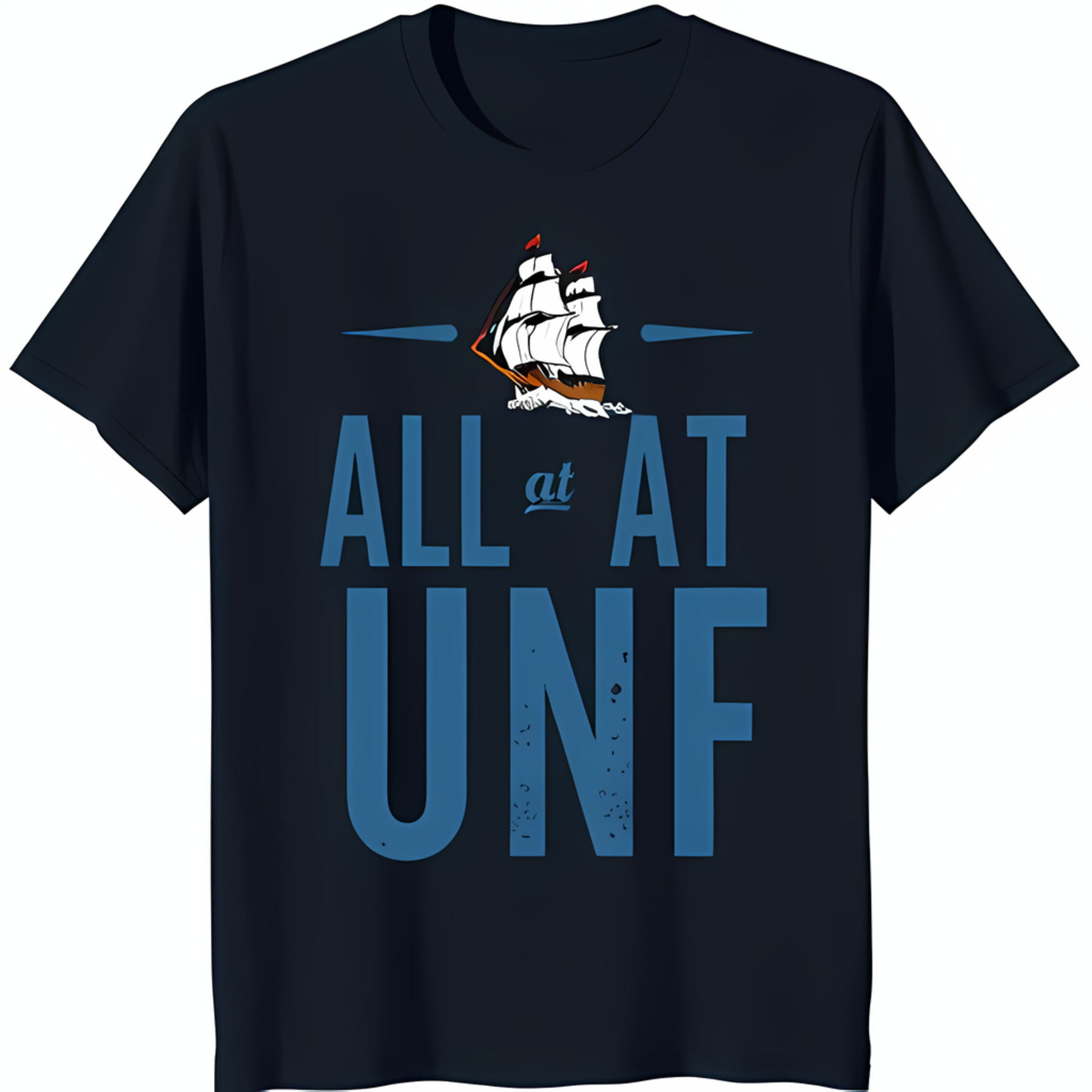 Black T-Shirt with Sailing Ship Graphic and 'All at UNF' Text Unique ...