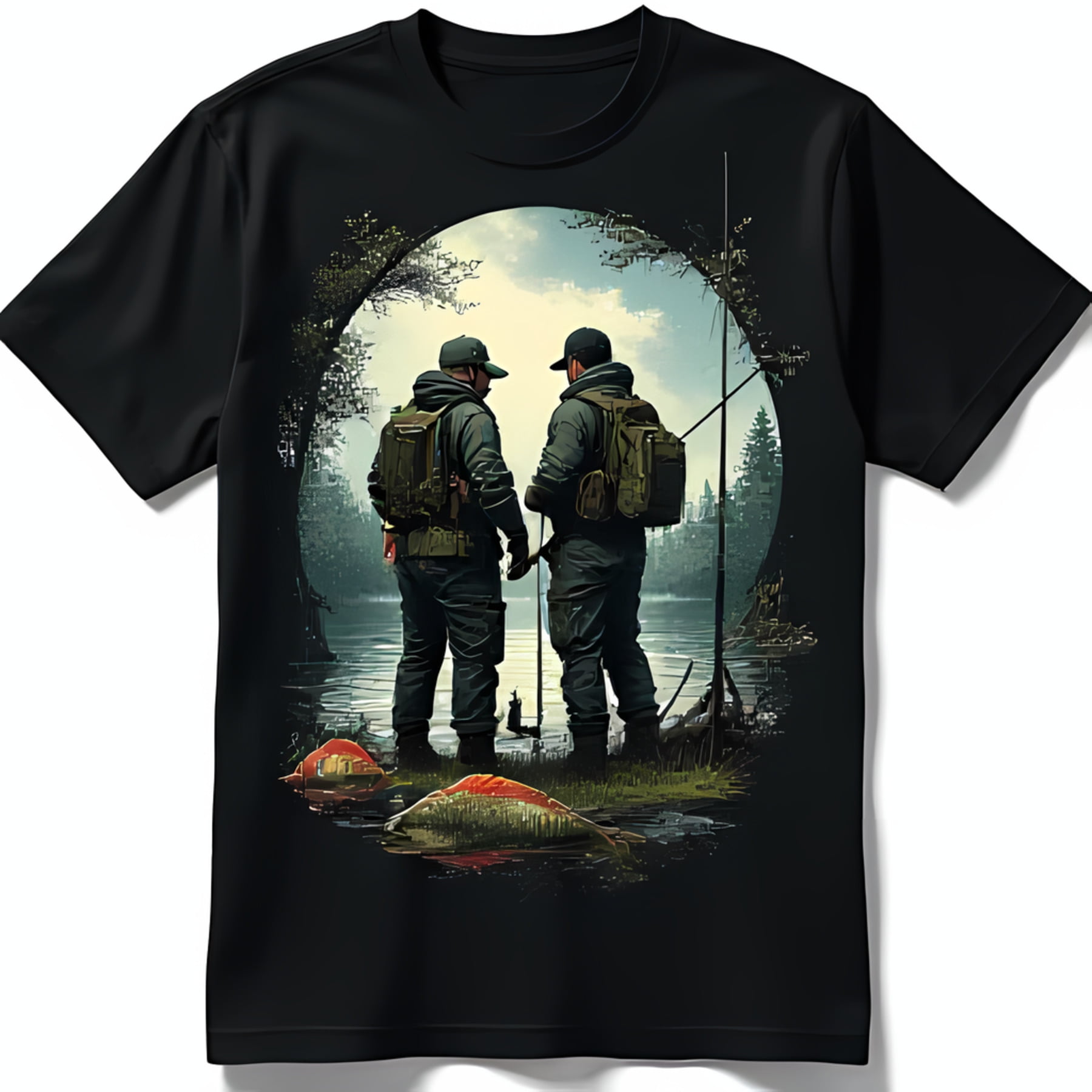 Black T-Shirt with Scene Graphic Two Men by Lake Trees Background ...