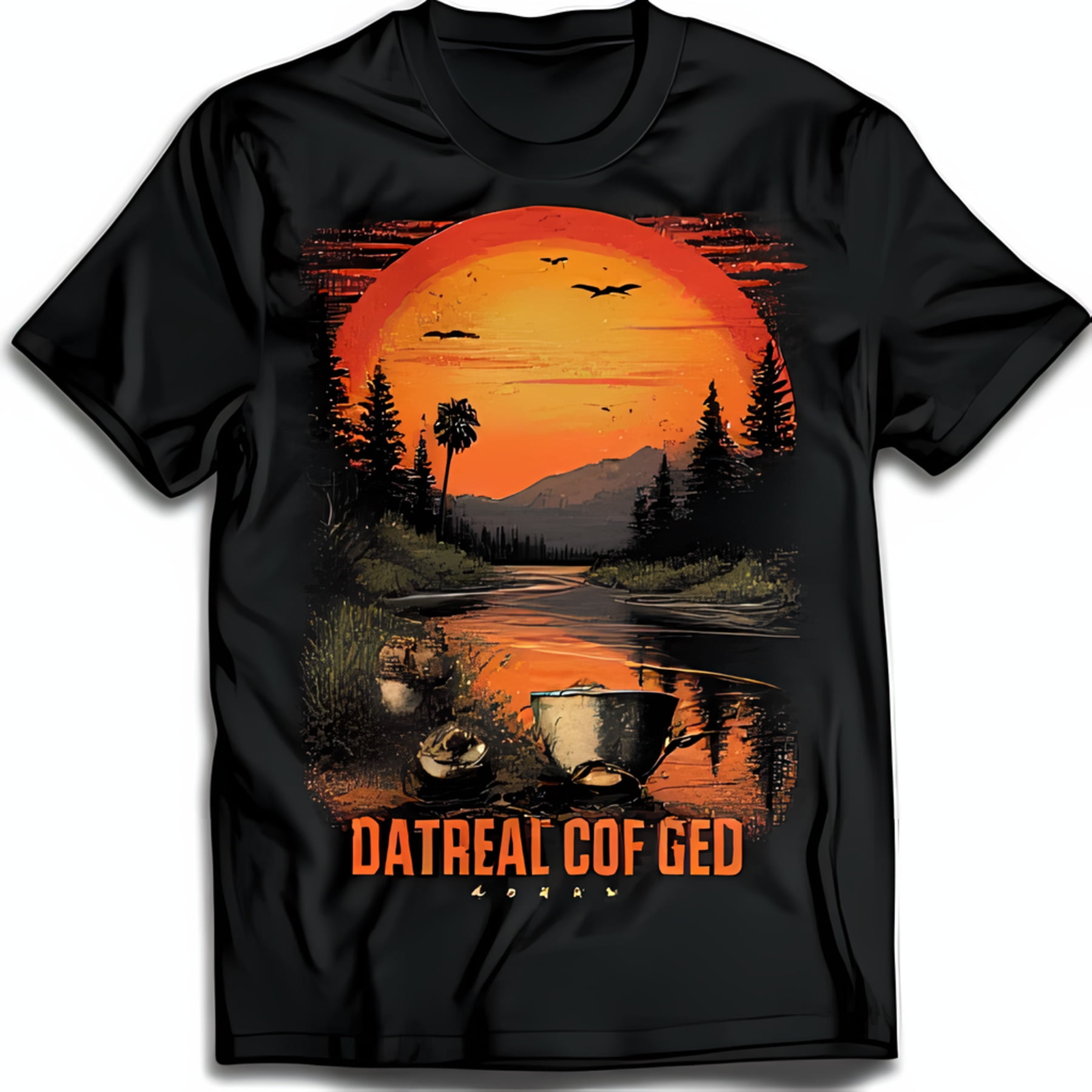 Black T-Shirt with Scenic Sunset River Graphic & Camping Design DATREAL ...
