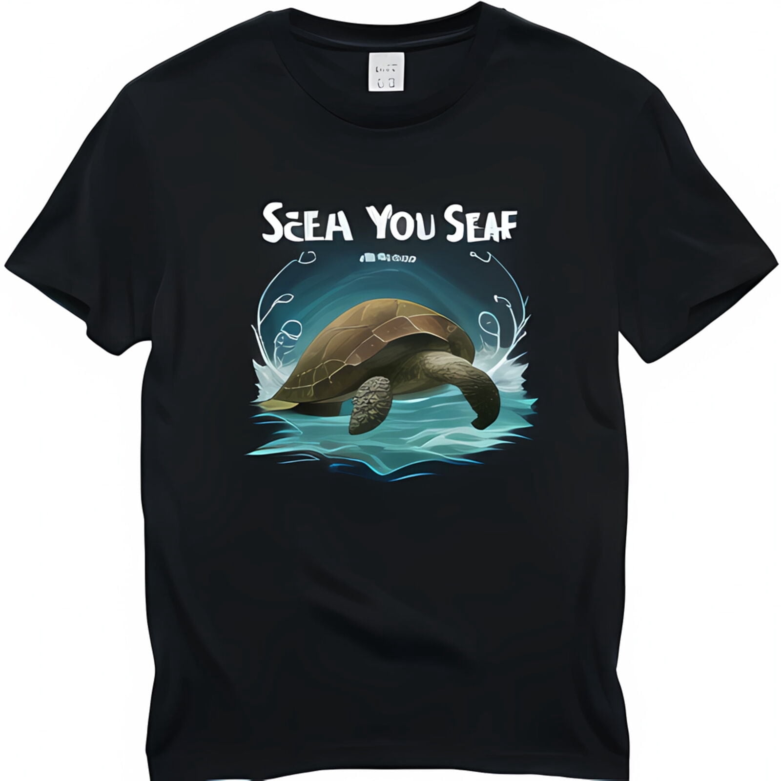 Black T-Shirt with 'See You SeaF' Turtle Design in Blue and White Ocean ...