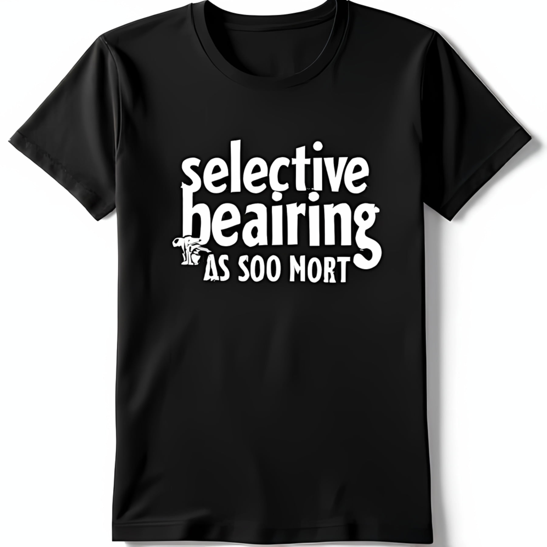 Black T-Shirt with Selective Hearing as Soo Mort White Text Design ...