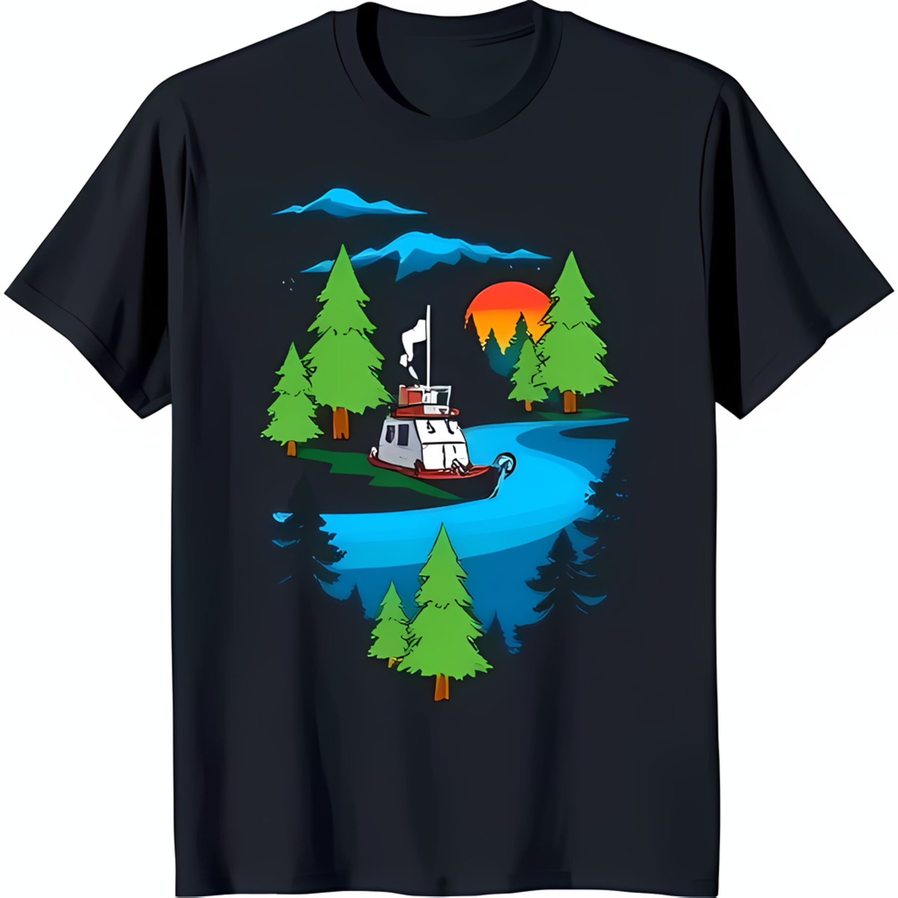 Black T-Shirt with Serene Nature Scene: River Trees and Sunset Boat ...