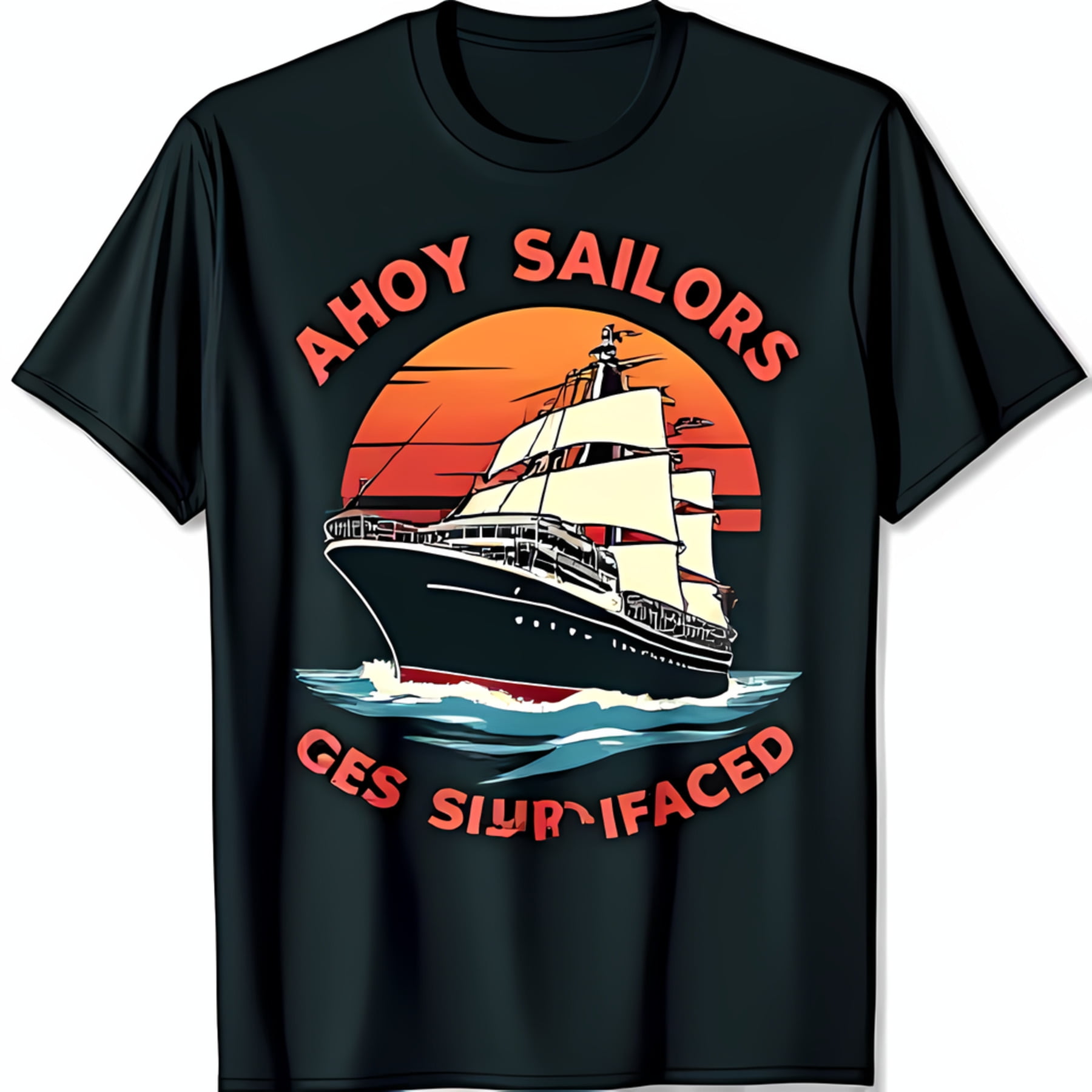 Black T Shirt With Ship Sailing Into Sunset And Ahoy Sailors Design