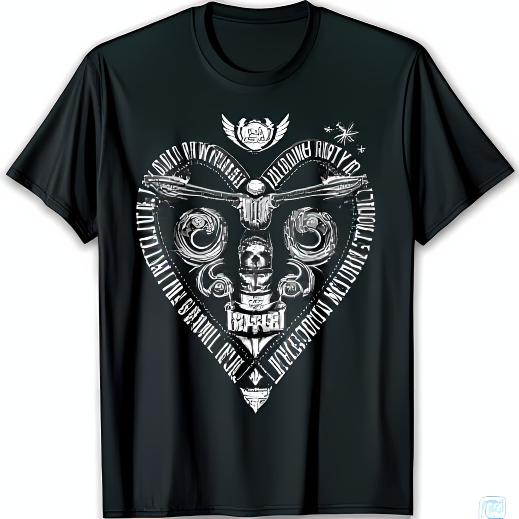 Black T-Shirt with Silver Heart Graphic & Stylized Bird Design Unique ...