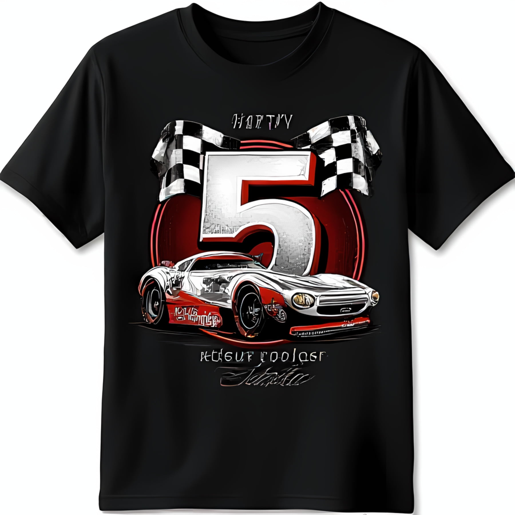 Black T-Shirt with Silver Number 5 Checkered & Race Car Design 'Marty ...