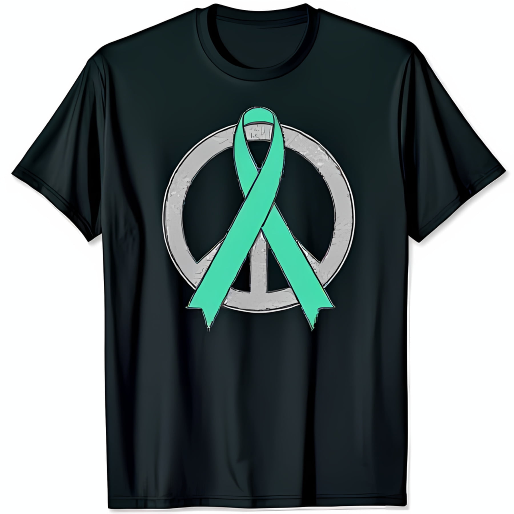 Black T-Shirt with Silver Peace Sign and Teal Ribbon for Hope Awareness ...
