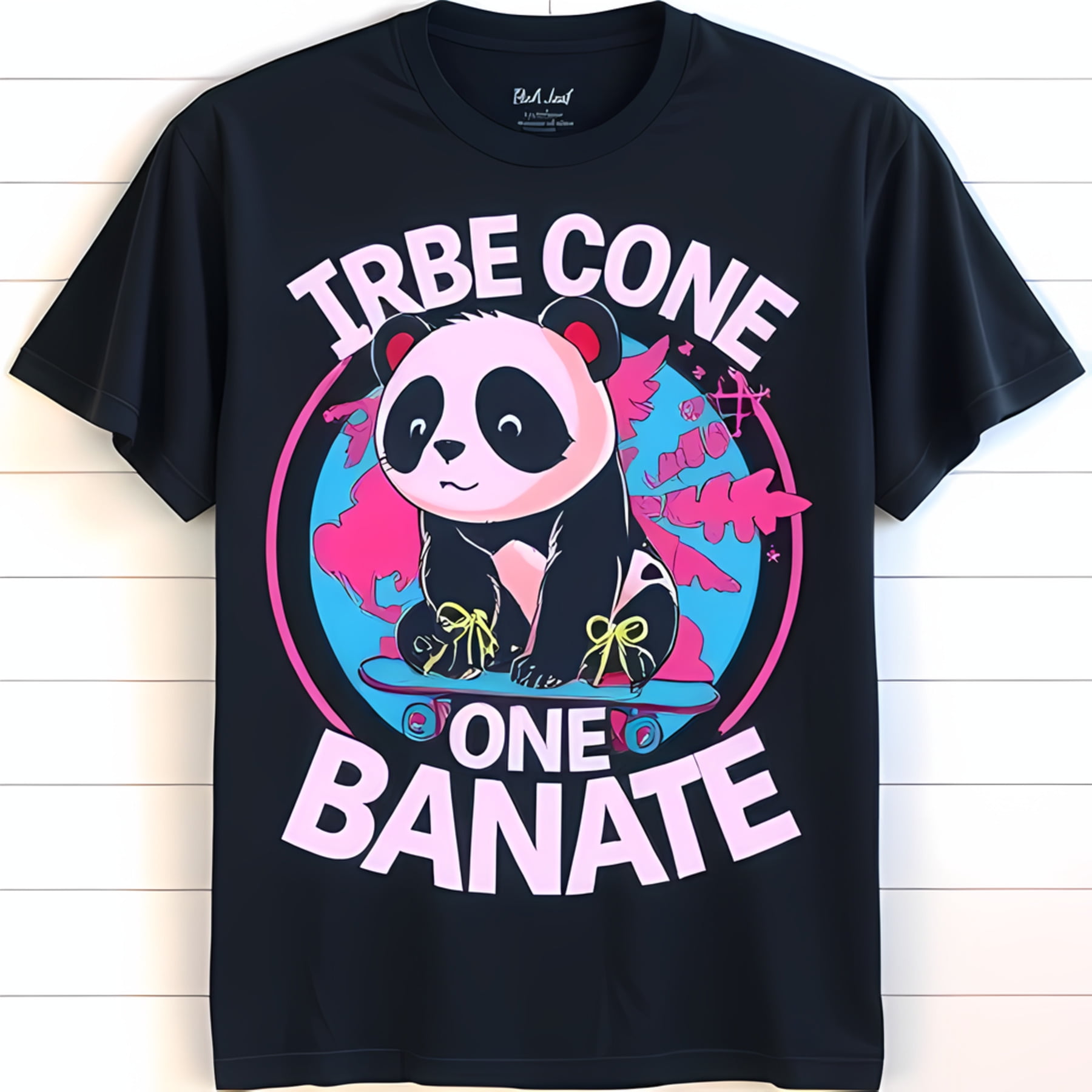 Black T-Shirt with Skateboarding Panda in Skates & Colorful Text ...