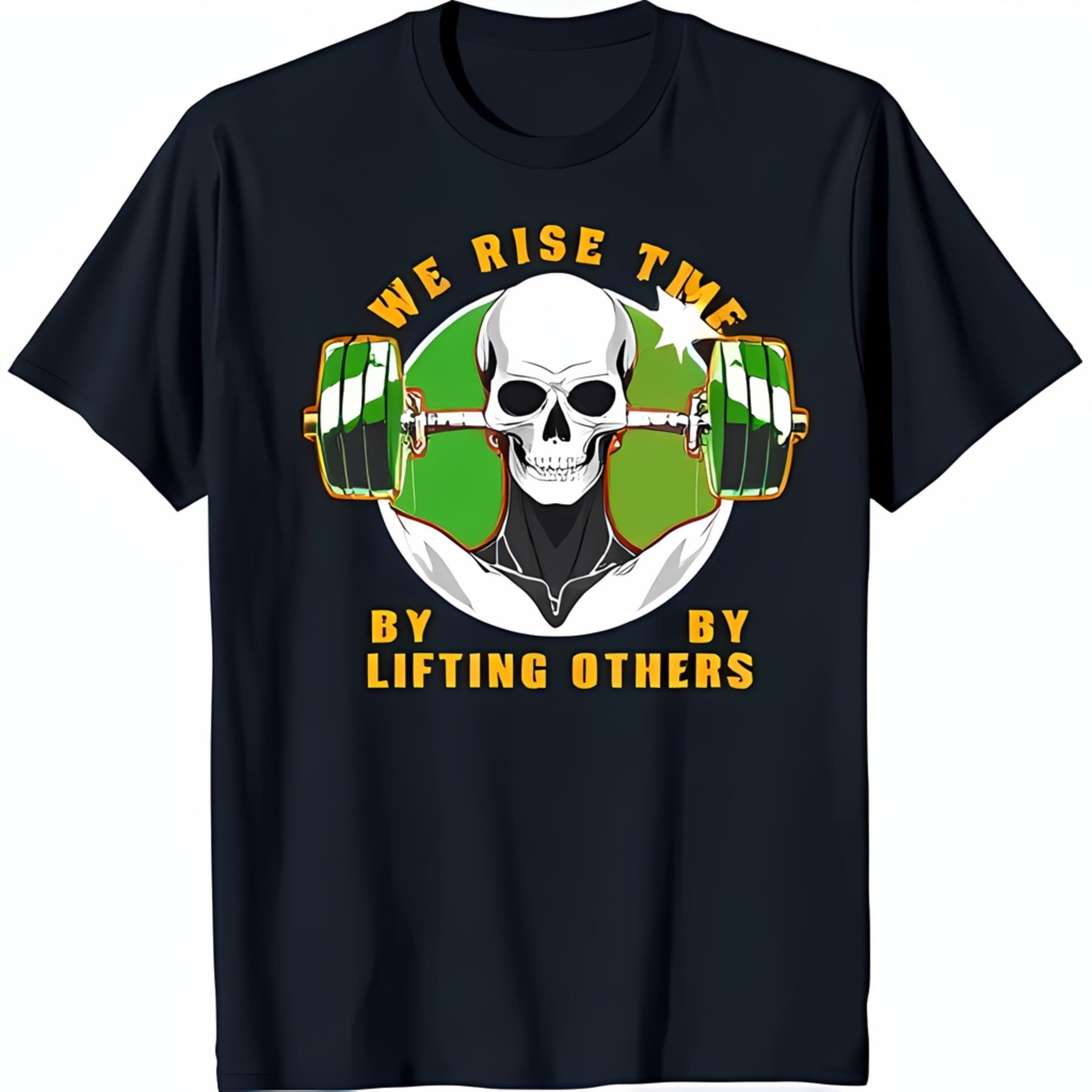 Black T-Shirt with Skeletal Figure Lifting Barbell 'We Rise By Lifting ...