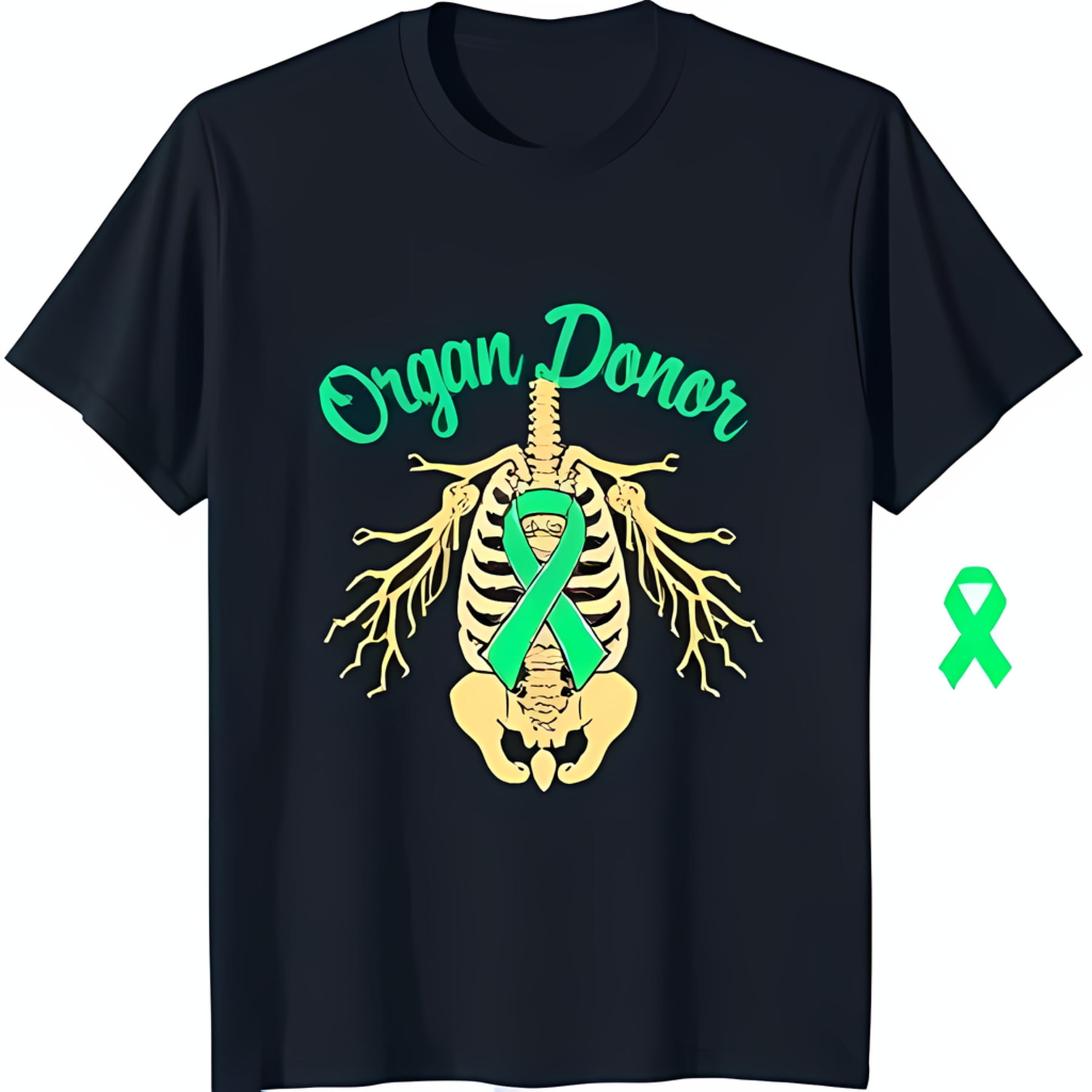 Black T-Shirt with Skeleton Graphic & Green Ribbon Organ Donation ...