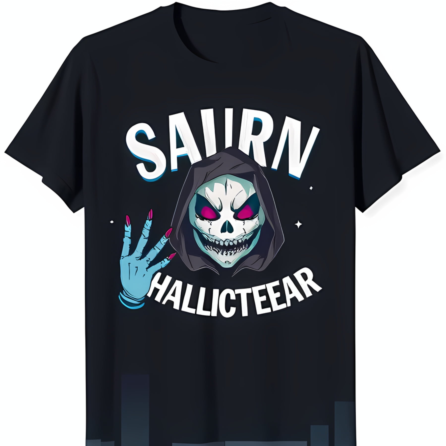 Black T-Shirt with Skeleton Graphic Peace Sign & Unique 'SAURN' Design ...
