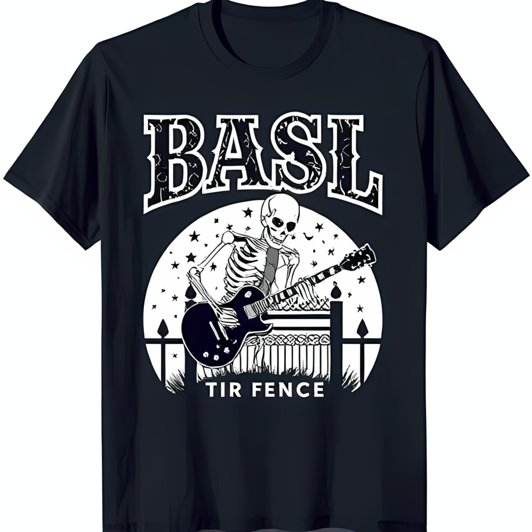 Black T-Shirt with Skeleton Guitarist Graphic Moon & Fence Design BASL ...