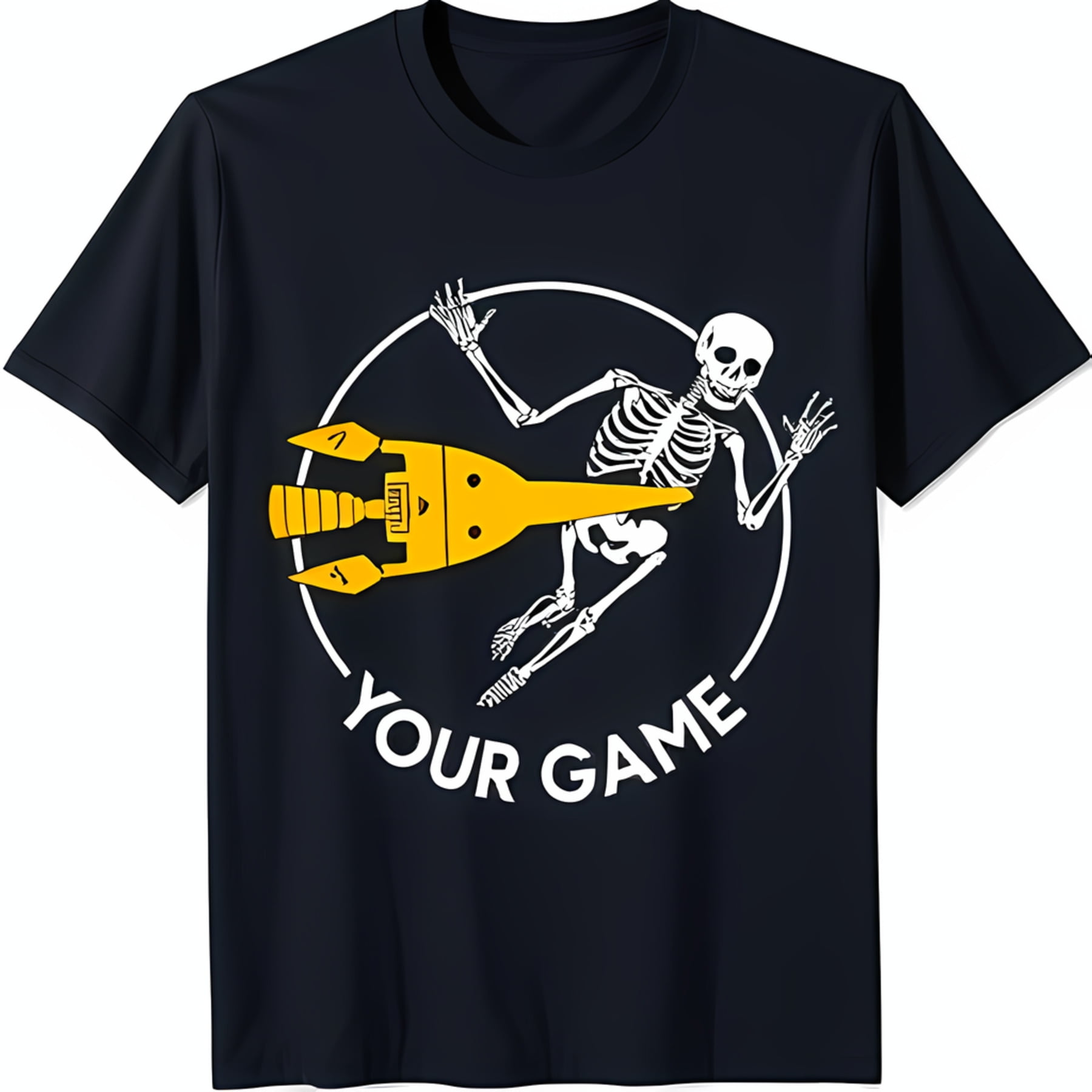 Black T-Shirt with Skeleton in Yellow Spaceship Blasting Off 'YOUR GAME ...