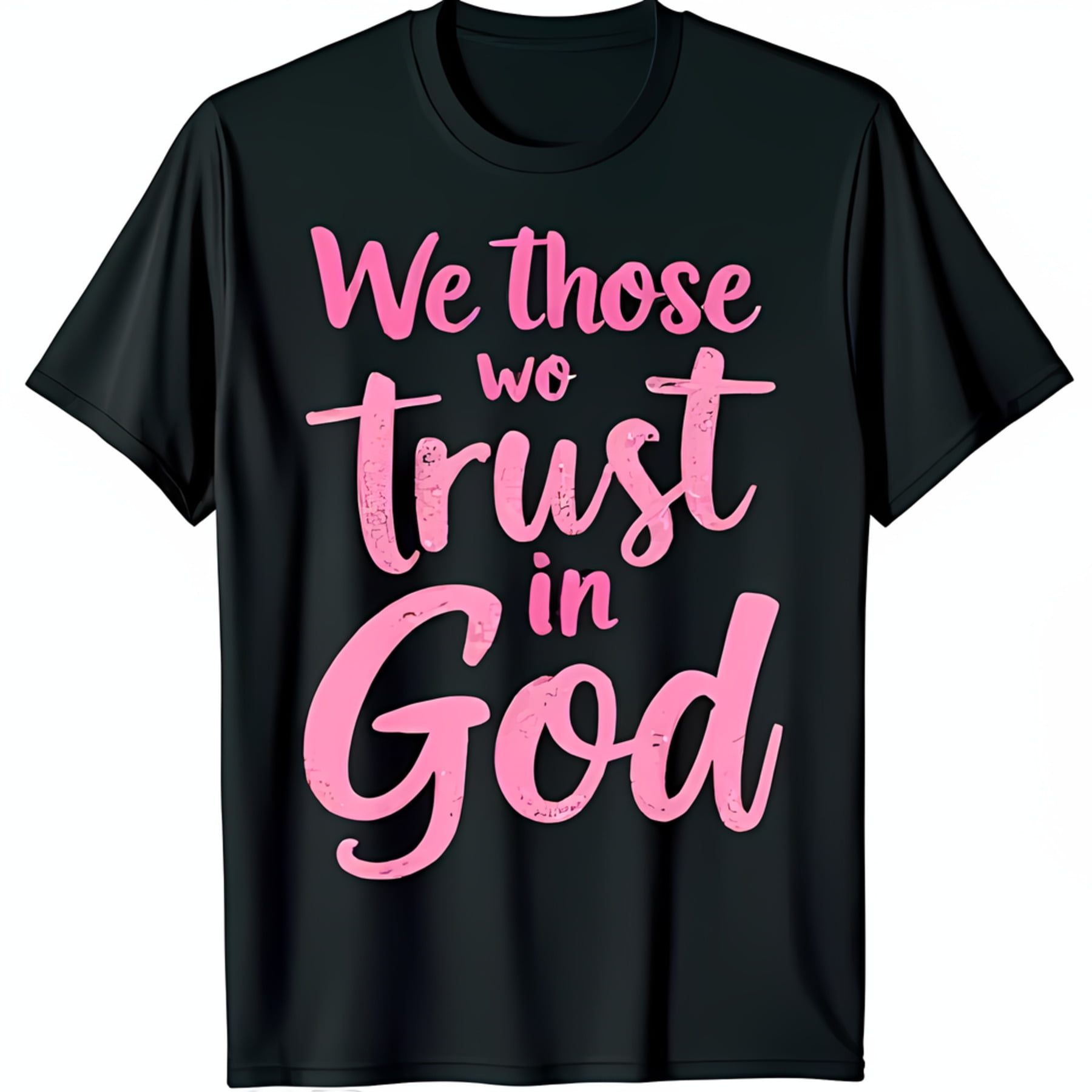 Black T-Shirt with Sparkling Pink Text: We Those Who Trust in God ...