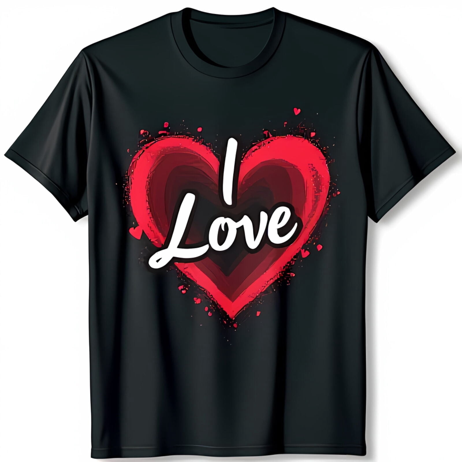 Black T-Shirt with Splattered Red Heart and White Cursive LOVE Design ...