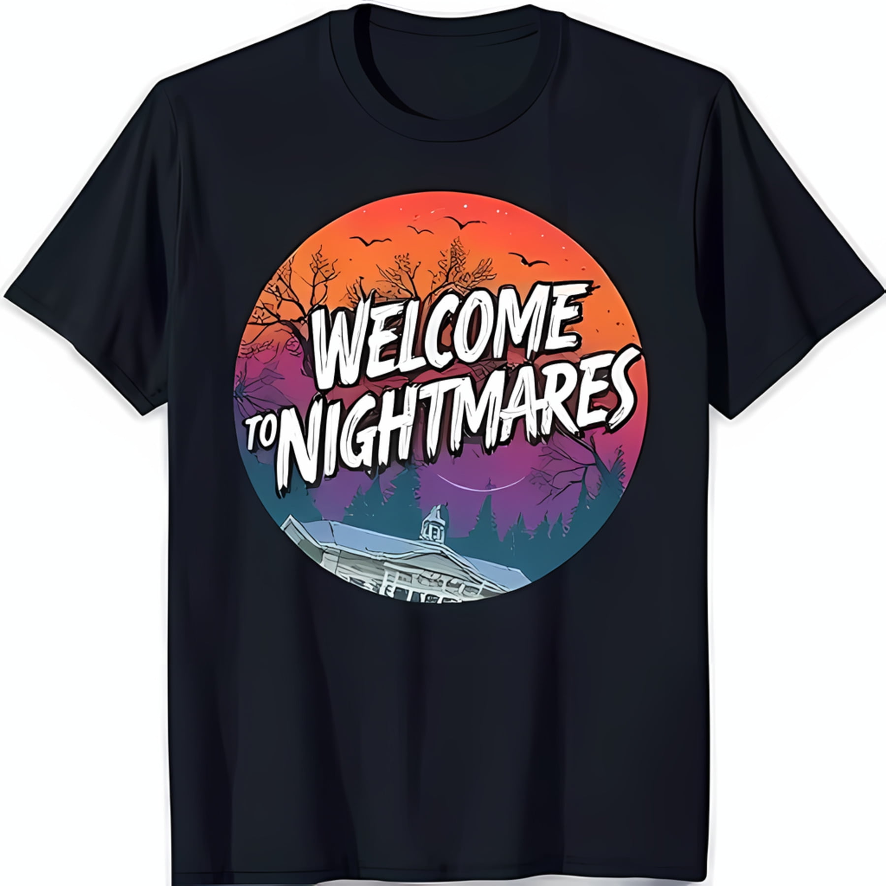 Black T-Shirt with Spooky Mansion Graphic & 'Welcome to Nightmares ...