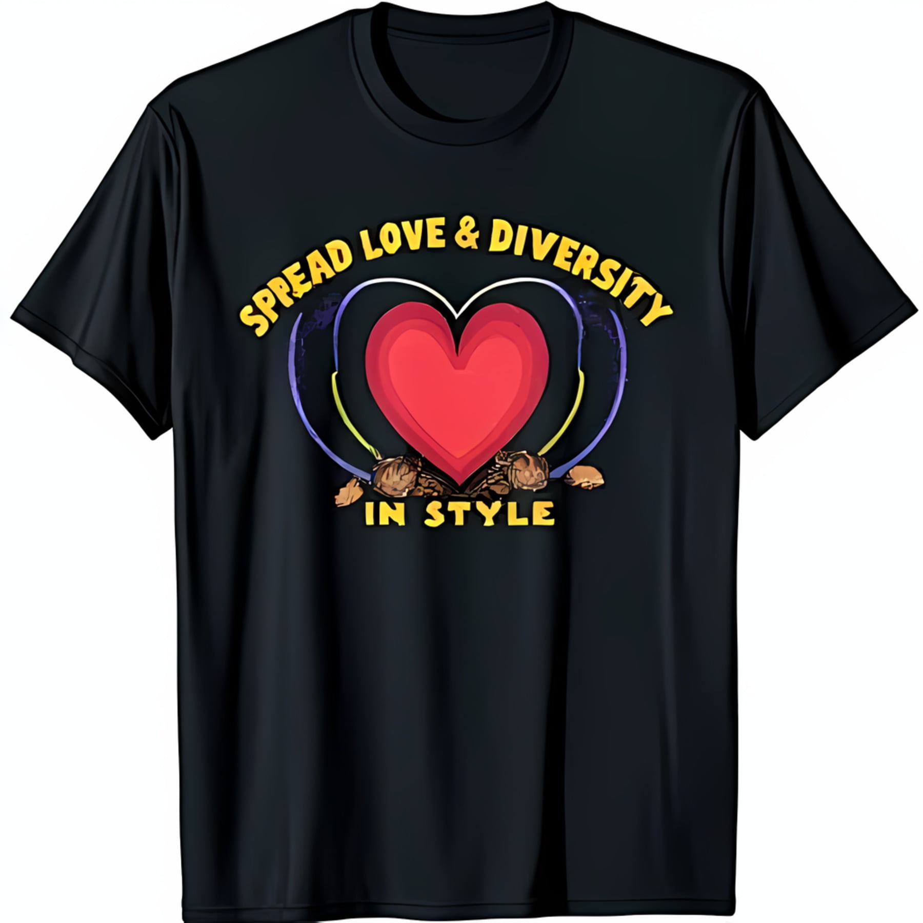 Black T-Shirt with Spread Love & Diversity Graphic Heart Design ...