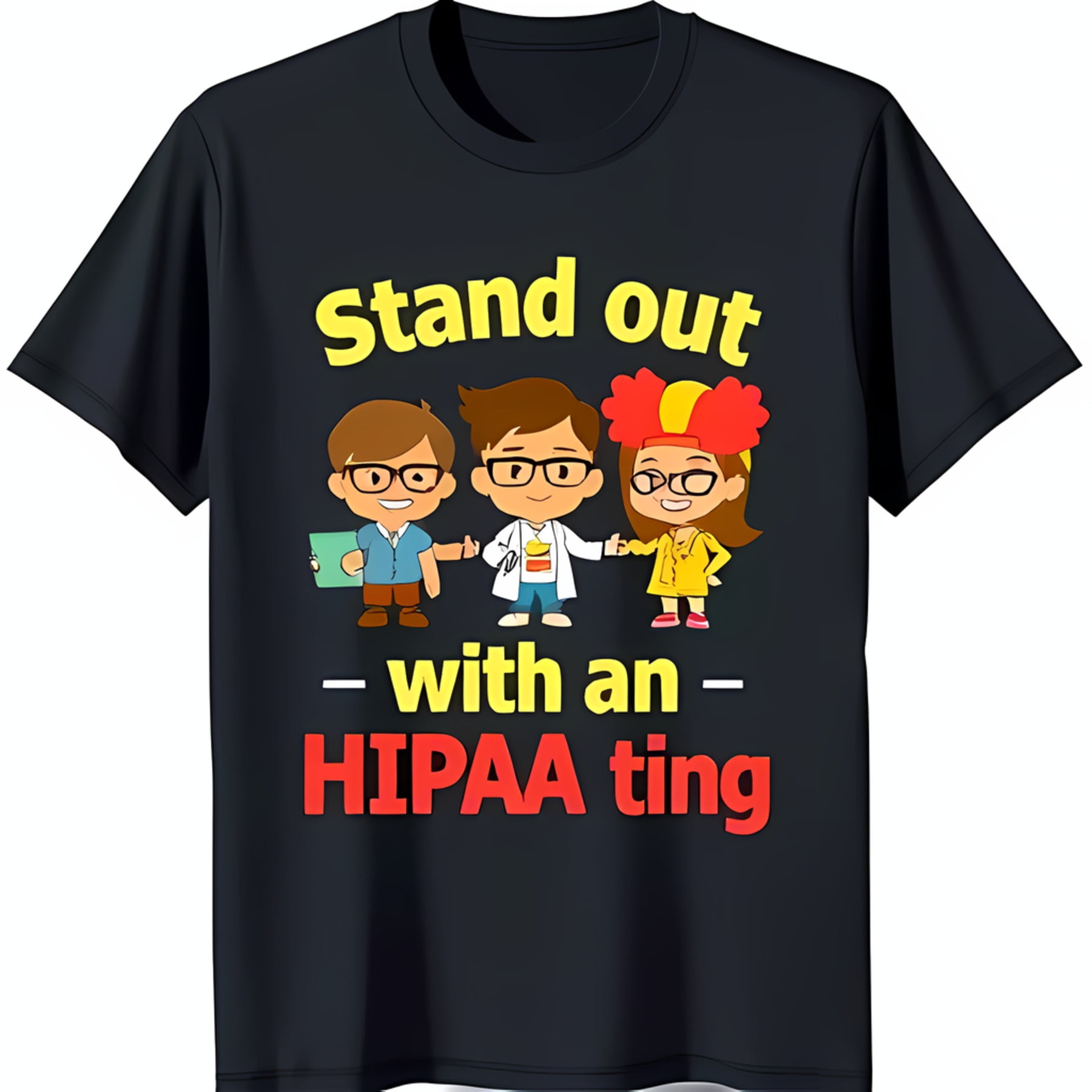 Black T-Shirt with 'Stand Out with an HIPAA Ting' & Cartoon Friends ...