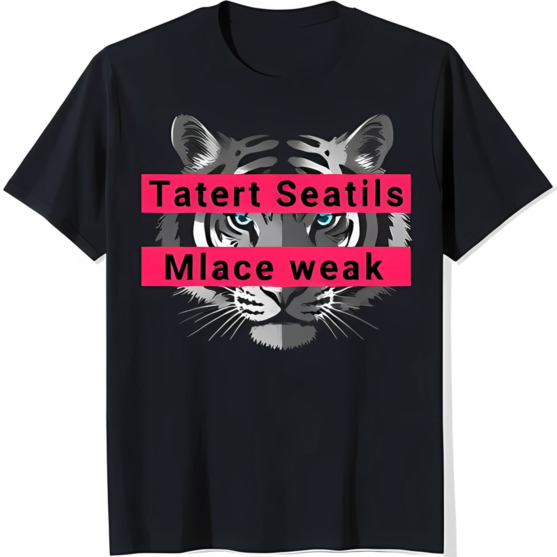 Black T-Shirt with Striking White Face Blue Eyes & Bold Text Design ...