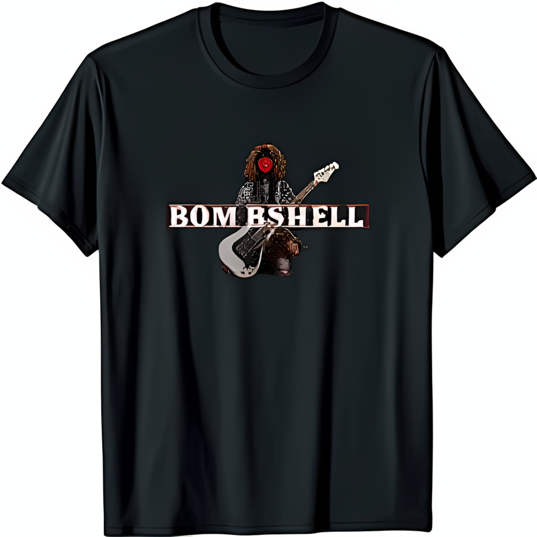 Black T-Shirt with Stunning BOMBSHELL Design Guitarist with Rose ...