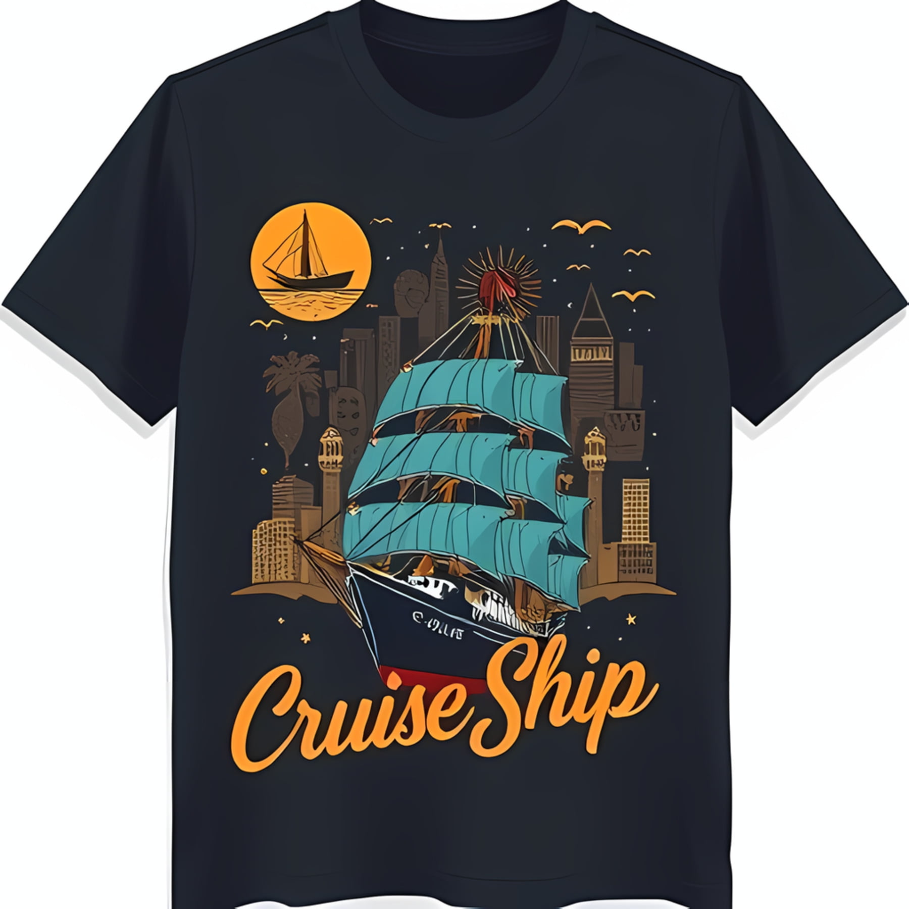 Black T-Shirt with Stunning Cruise Ship Graphic Summer Adventure Design ...
