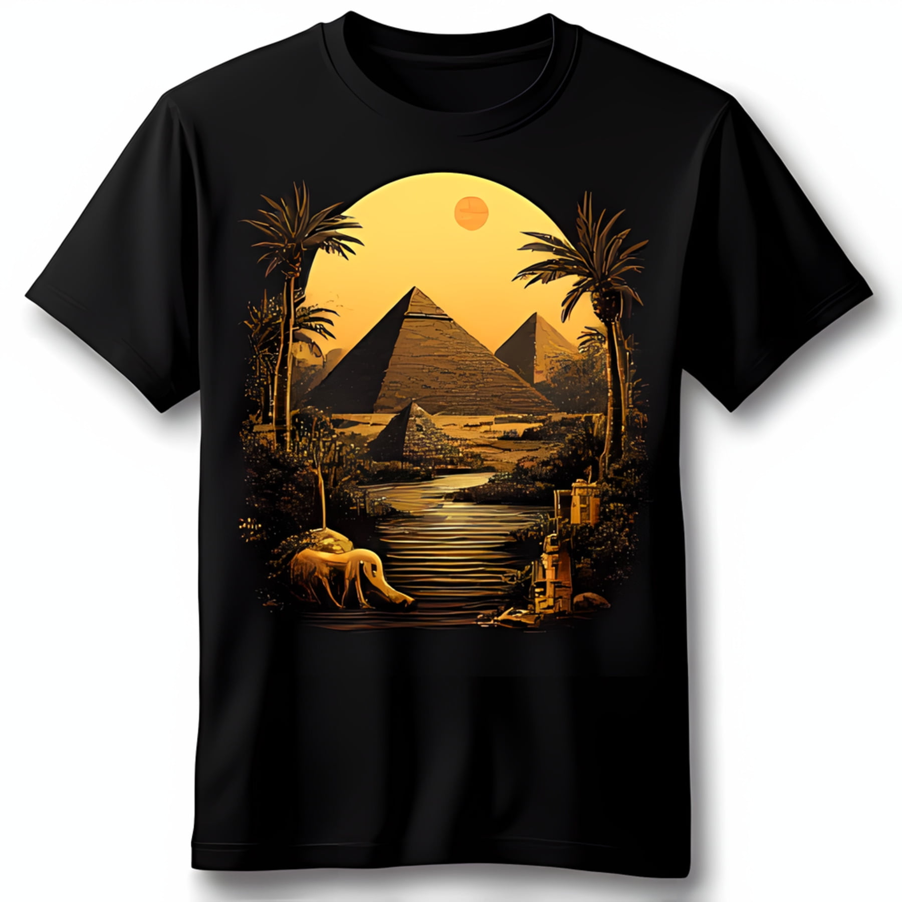 Black T-Shirt with Stunning Desert Scene Graphic: Pyramids Trees ...