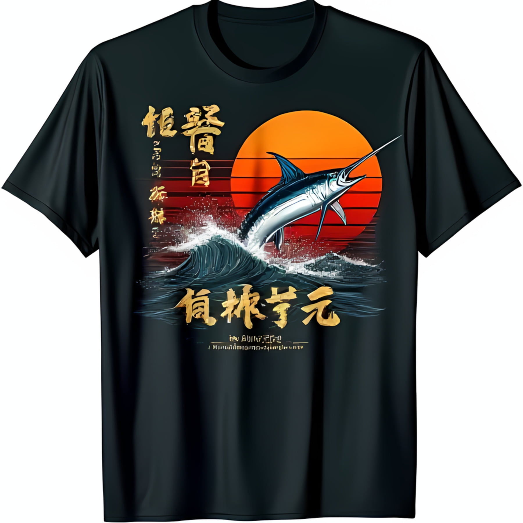 Black T-Shirt with Stunning Marlin Leaping from Sea at Sunset ...