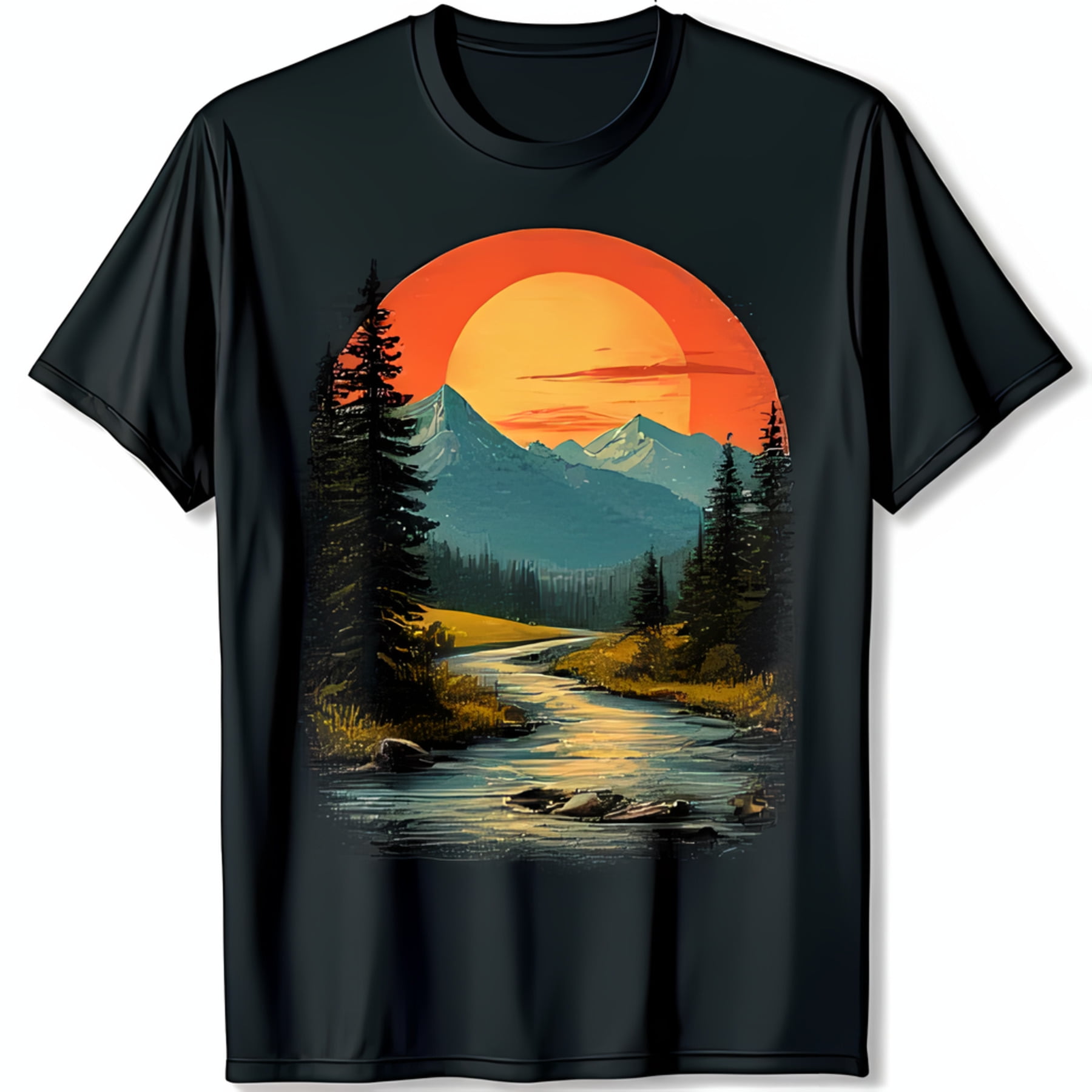 Black T-Shirt with Stunning Mountain Landscape and Sunset Graphic ...