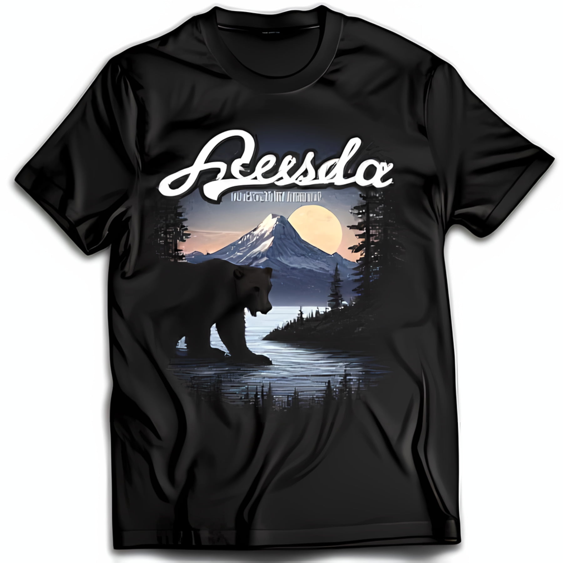 Black T-Shirt with Stunning Mountain Scene and Bear Reseda Graphic ...