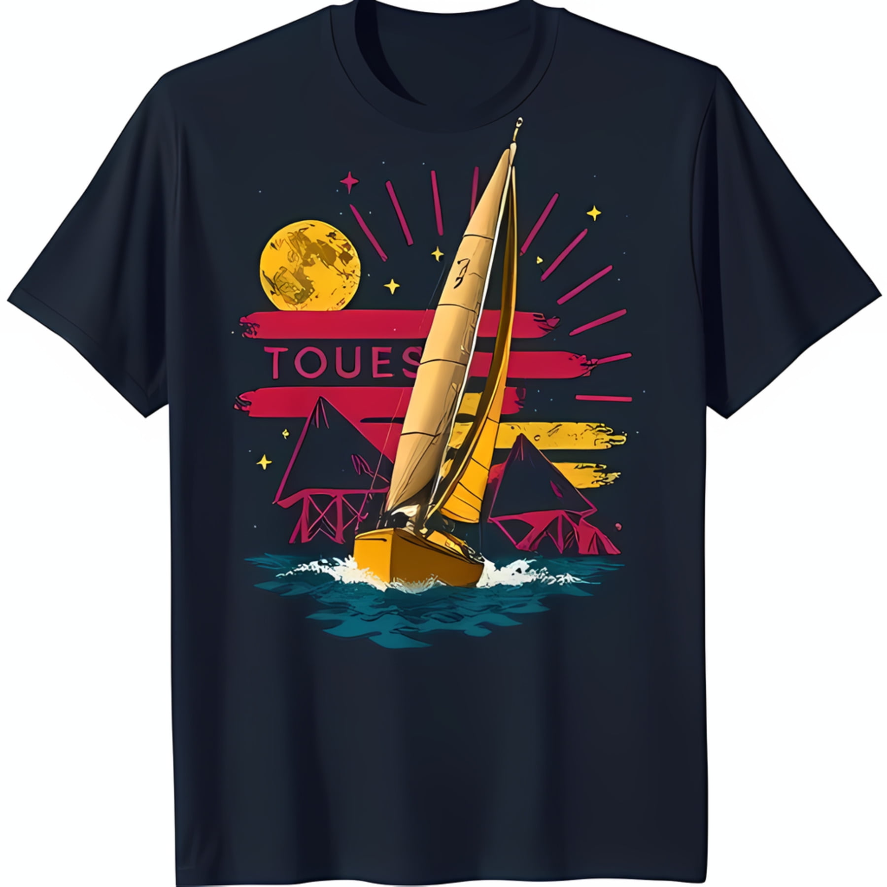 Black T-Shirt with Stunning Sailboat Sunset Graphic Bold 'TOUES' Design ...