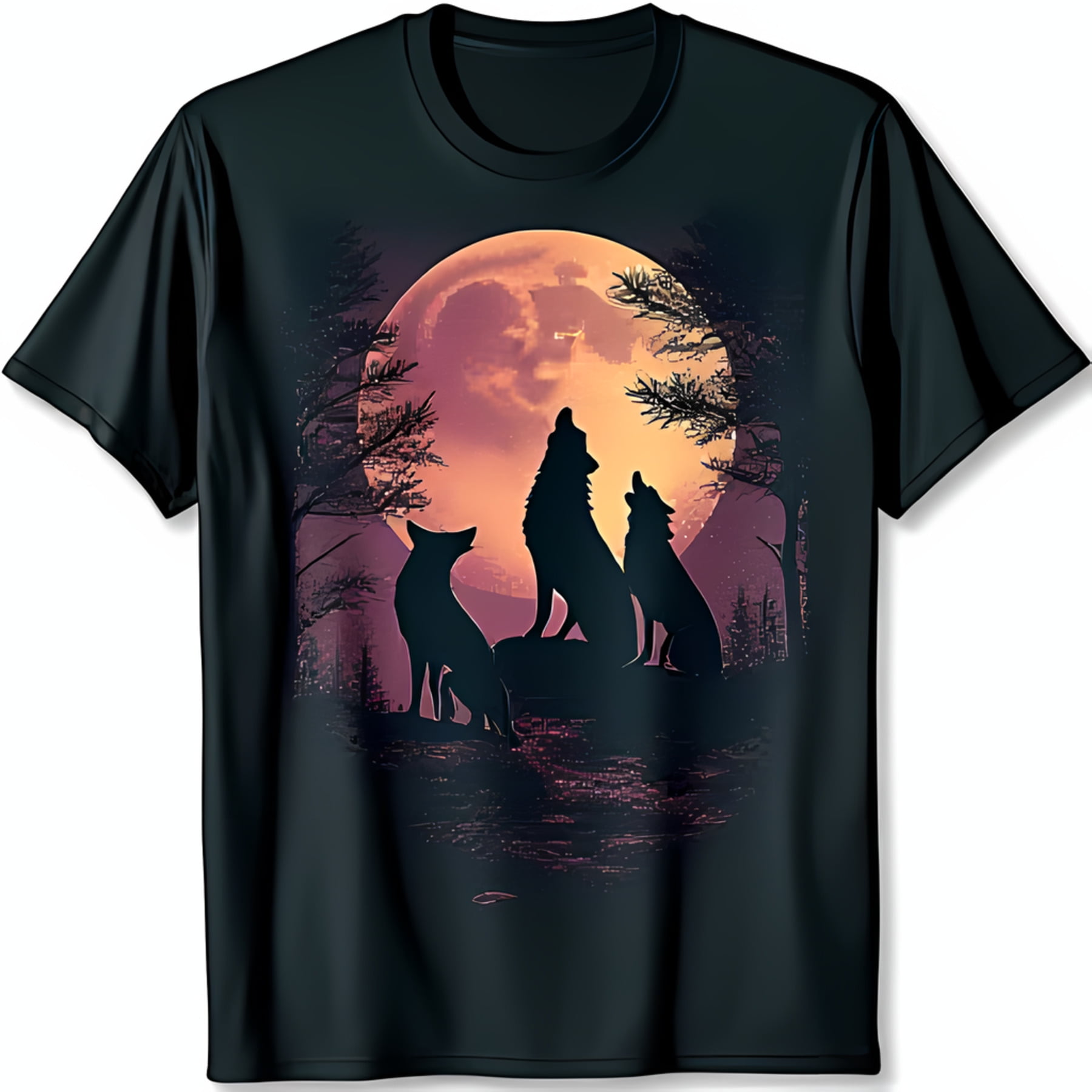 Black T-Shirt with Stunning Wolves Howling at Vibrant Moon Graphic ...